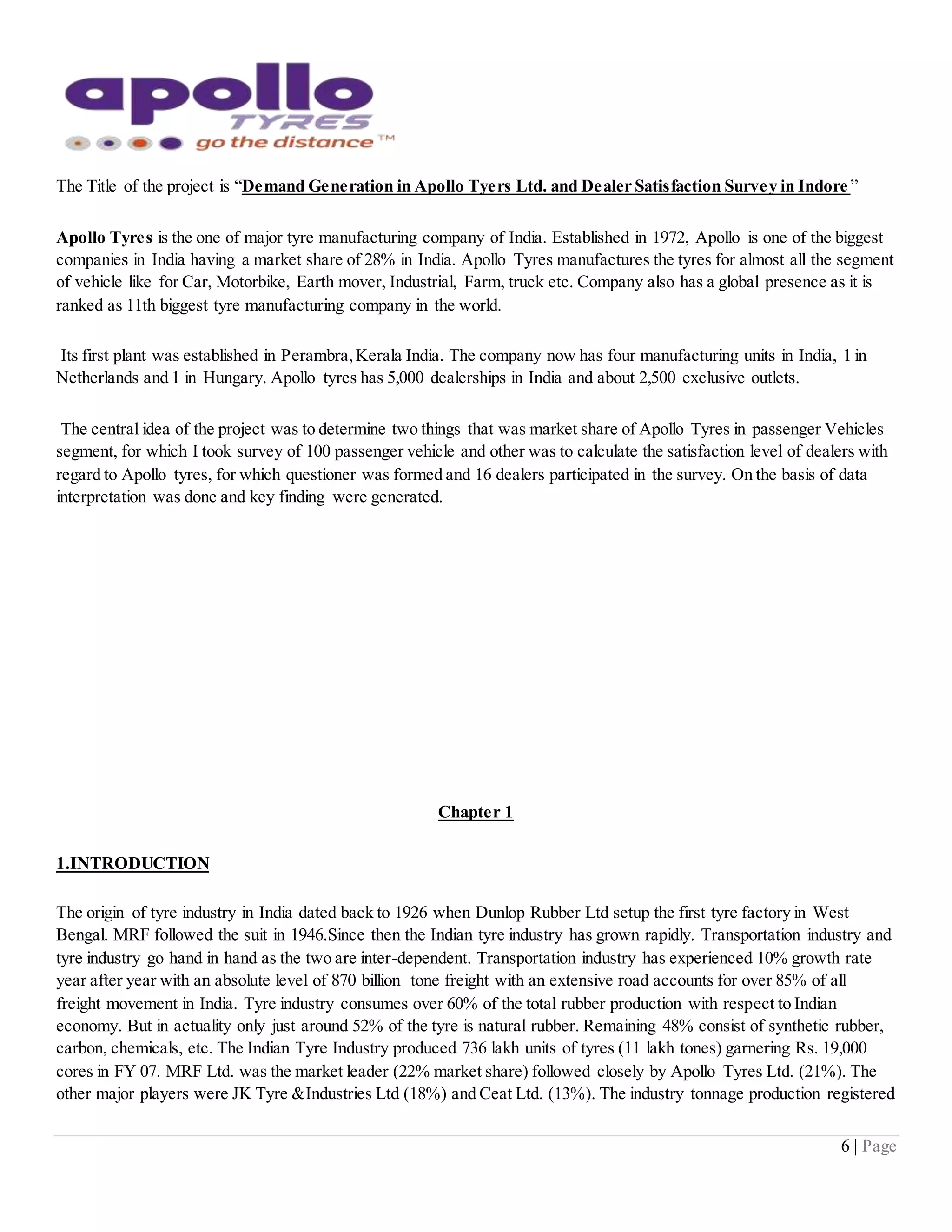 Projest report apollo tyres | DOCX