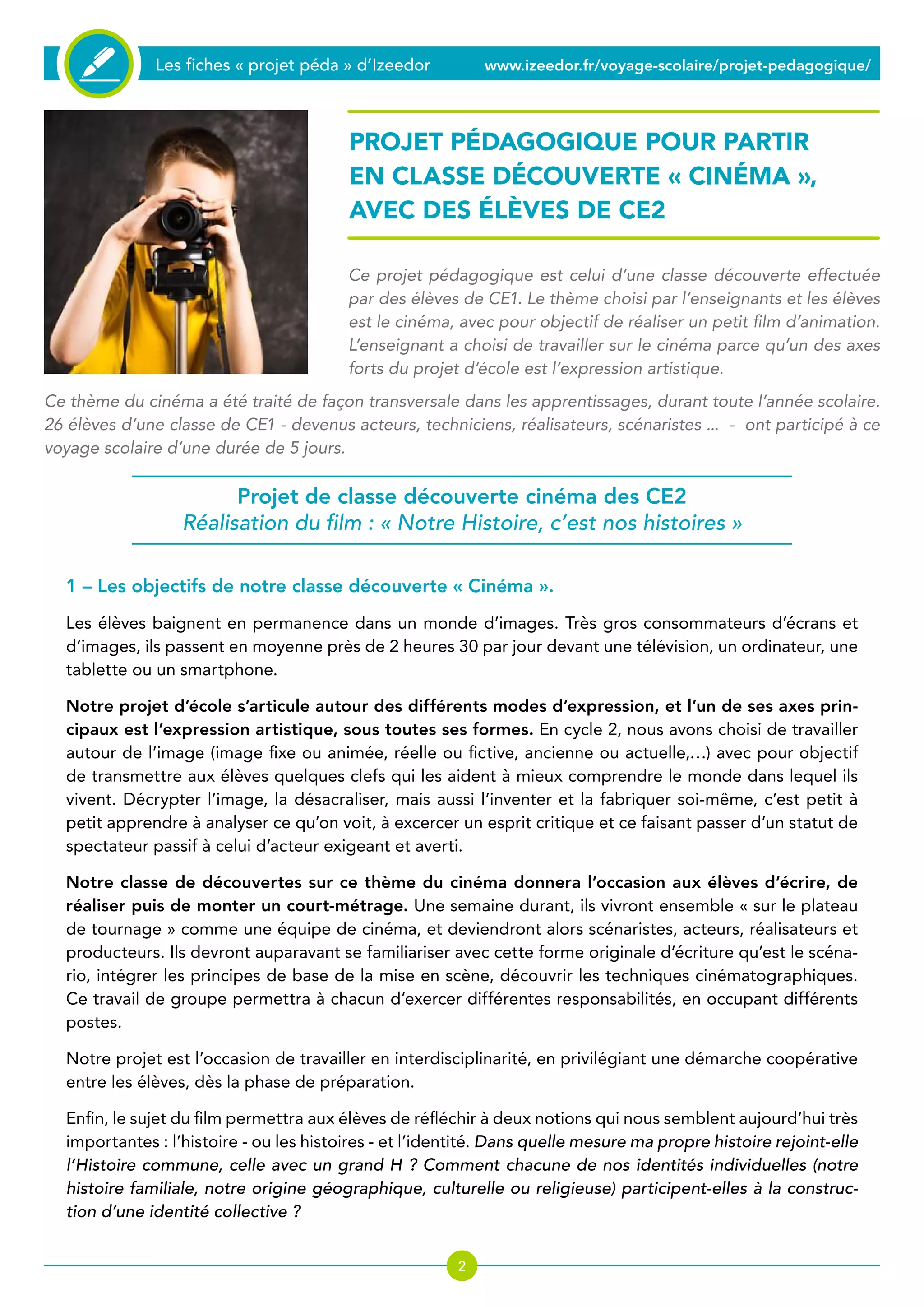 Projet pédagogique pour préparer une classe découverte cinéma | PDF ...