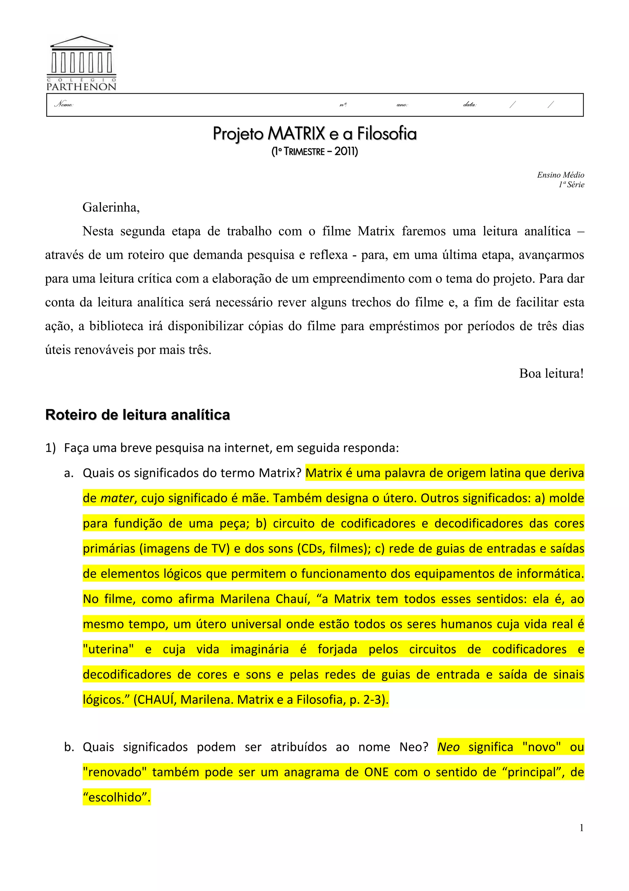 Projeto Matrix e a Filosofia - roteiro para leitura analítica - padrão de resposta | PDF
