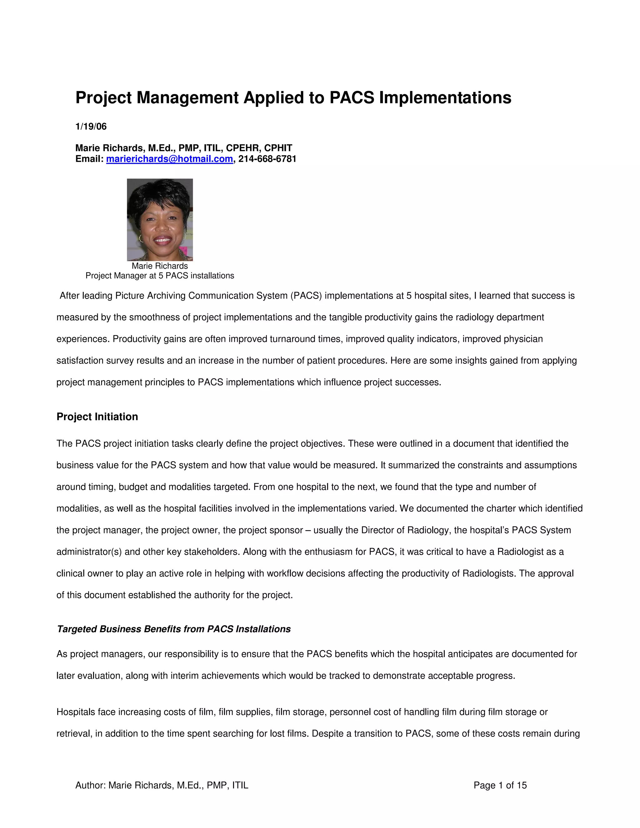 Project Management Applied to PACS Implementations | PDF
