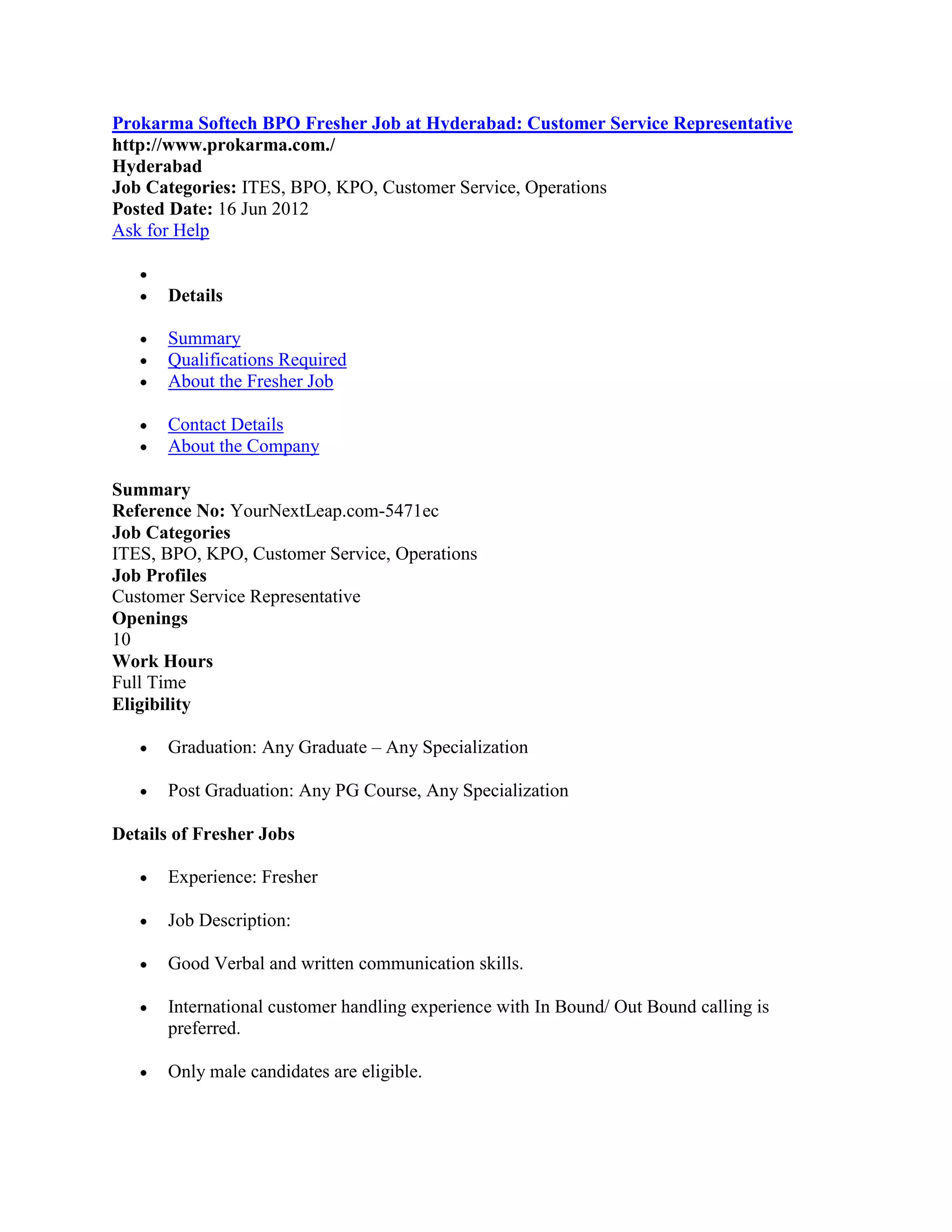 Prokarma softech bpo fresher job at hyderabad | DOCX