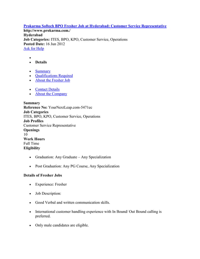 Prokarma softech bpo fresher job at hyderabad | DOCX