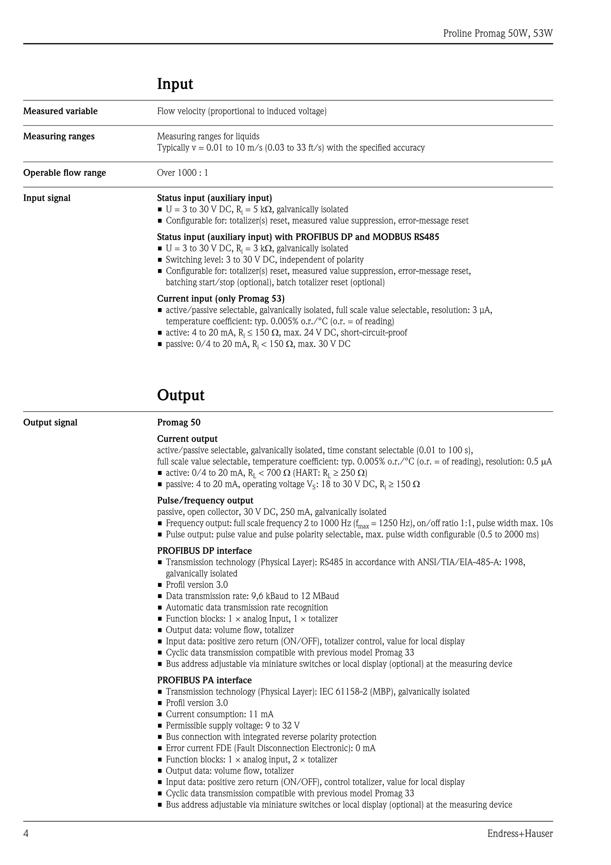 Proline promag 50 w endress+hauser datasheet-electromagnetic flowmeter ...