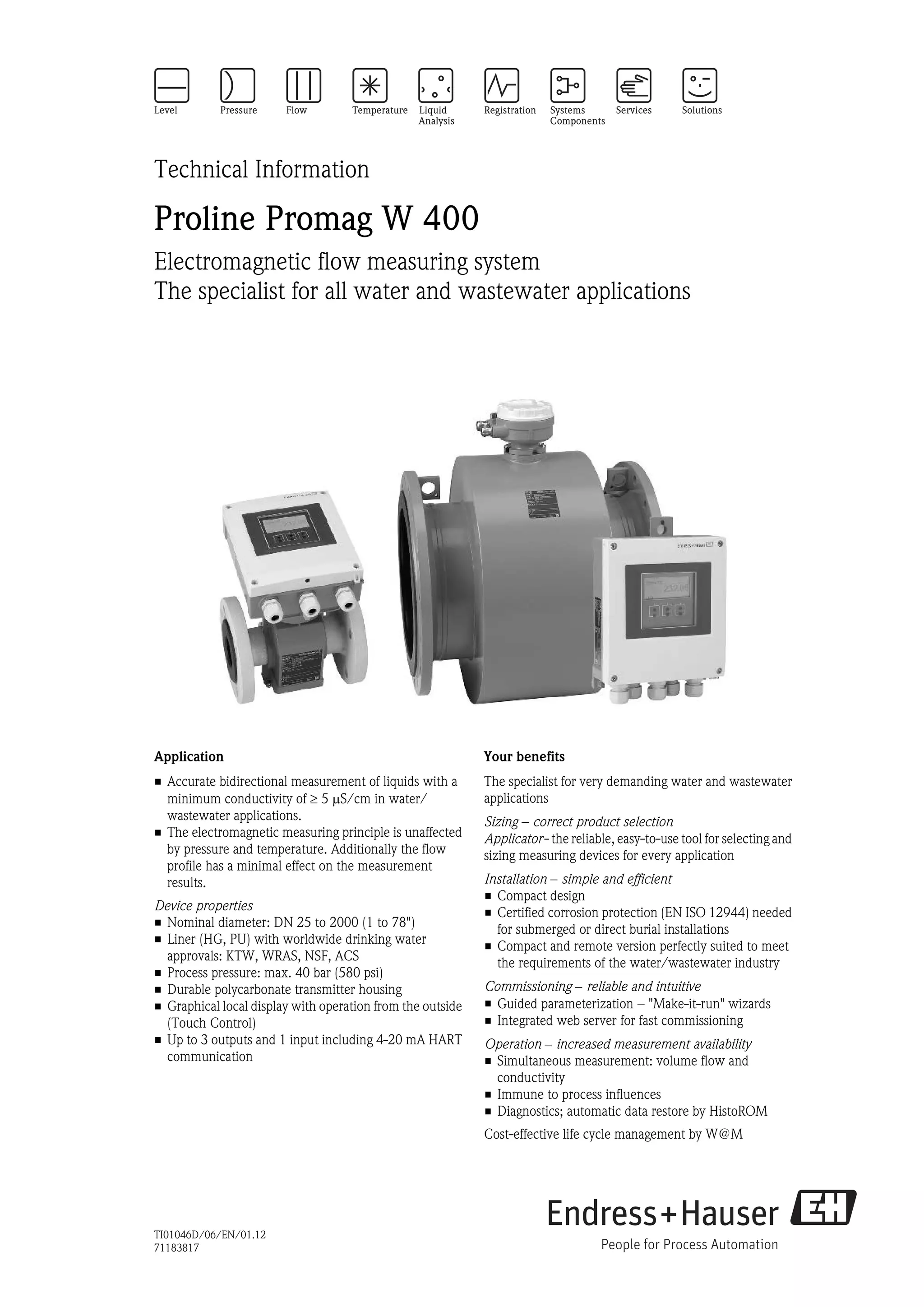 Proline promag w 400 endress+hauser datasheet-electromagnetic flowmeter ...