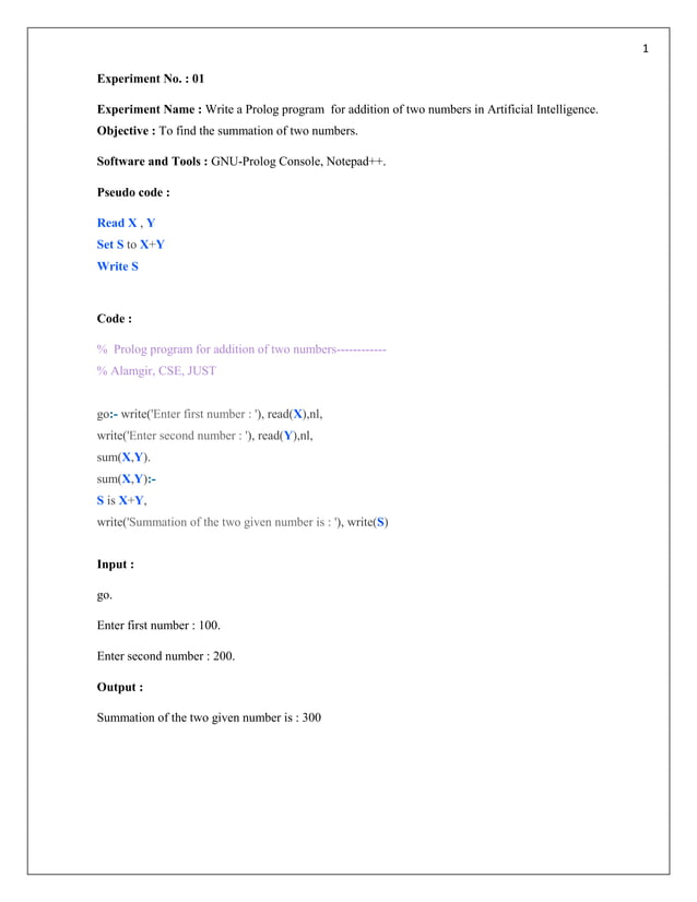 Lab Report For Prolog Program In Artificial Intelligence Pdf 8116