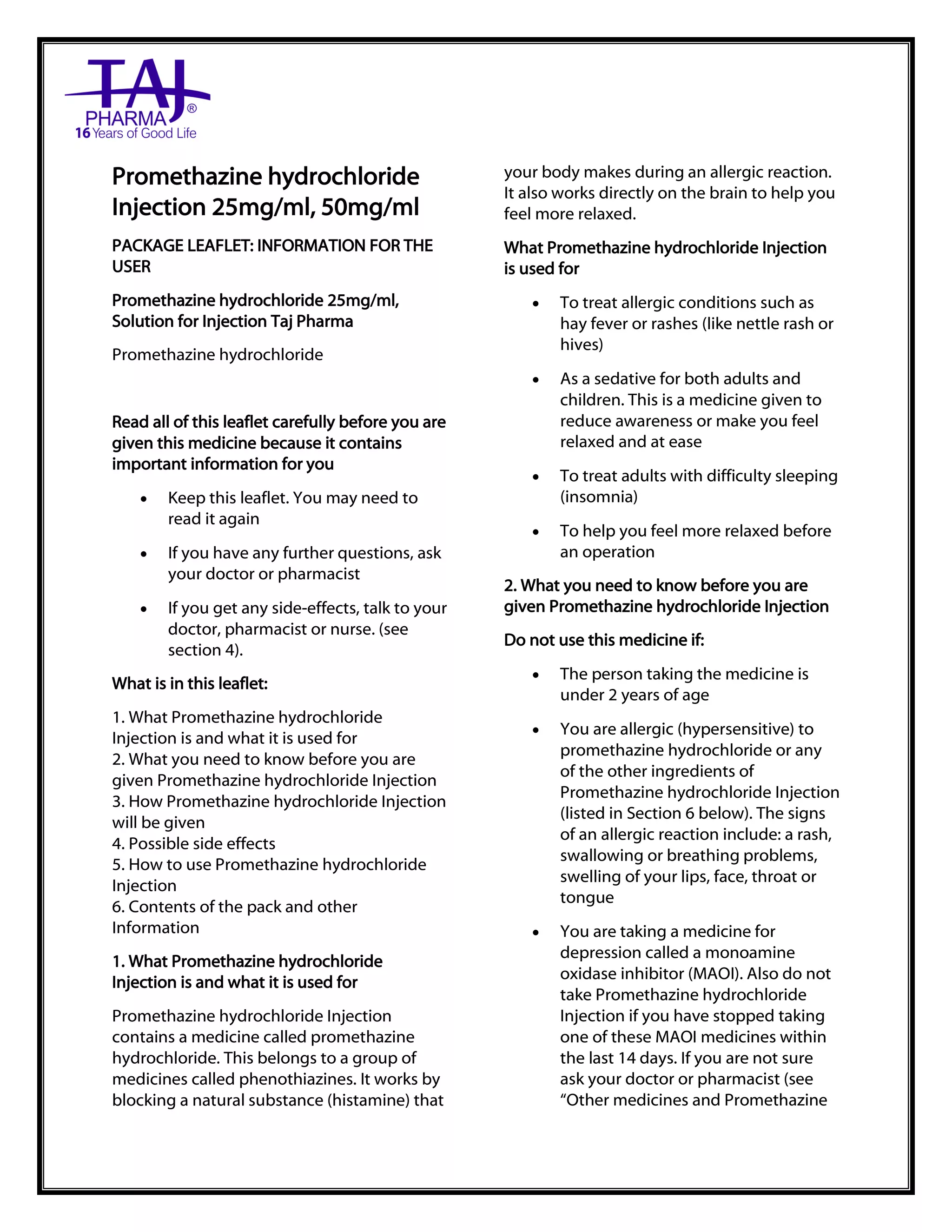 Promethazine HCl Injection USP Taj Pharma PIL | PDF