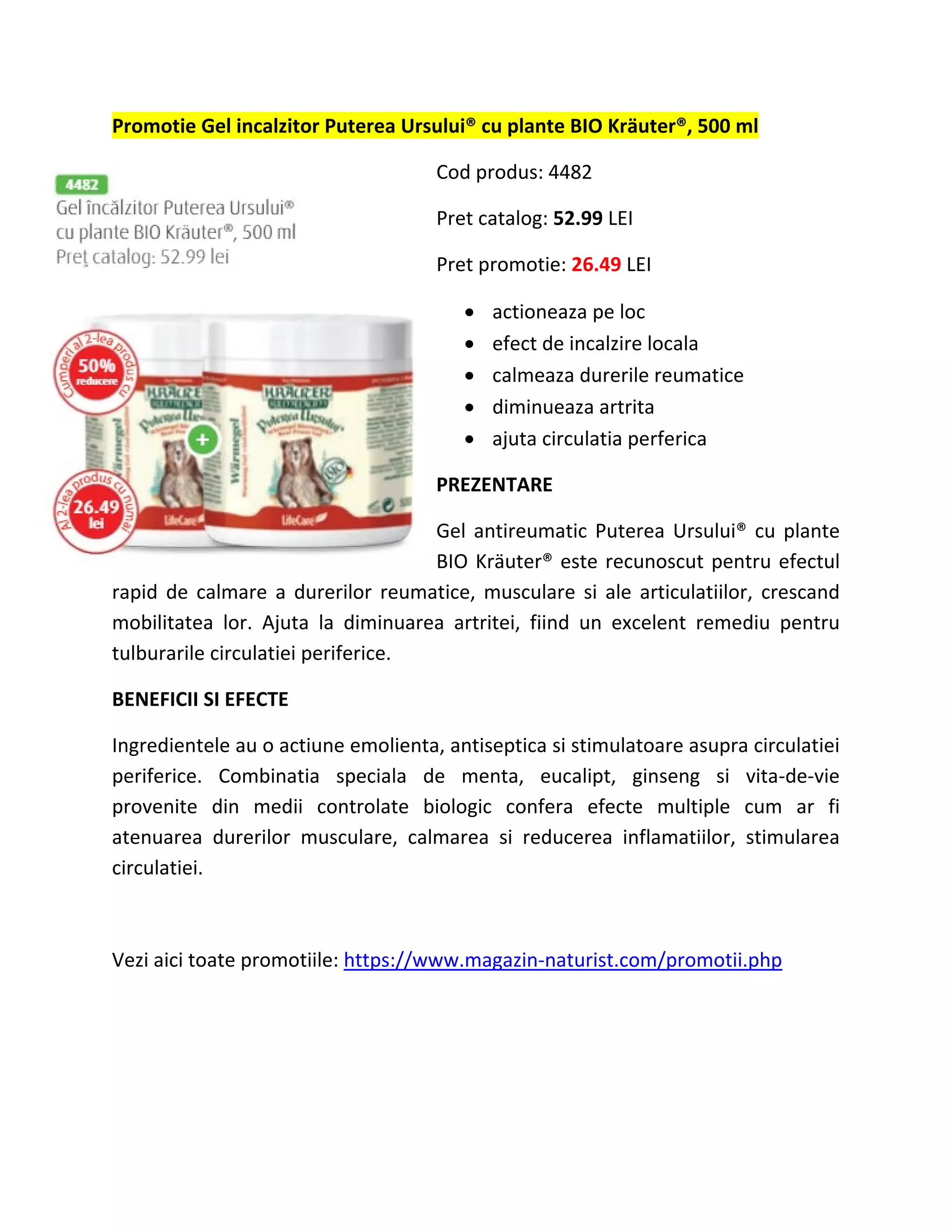 Promotie Gel incalzitor Puterea Ursului® cu plante BIO Kräuter®, 500 ml ...