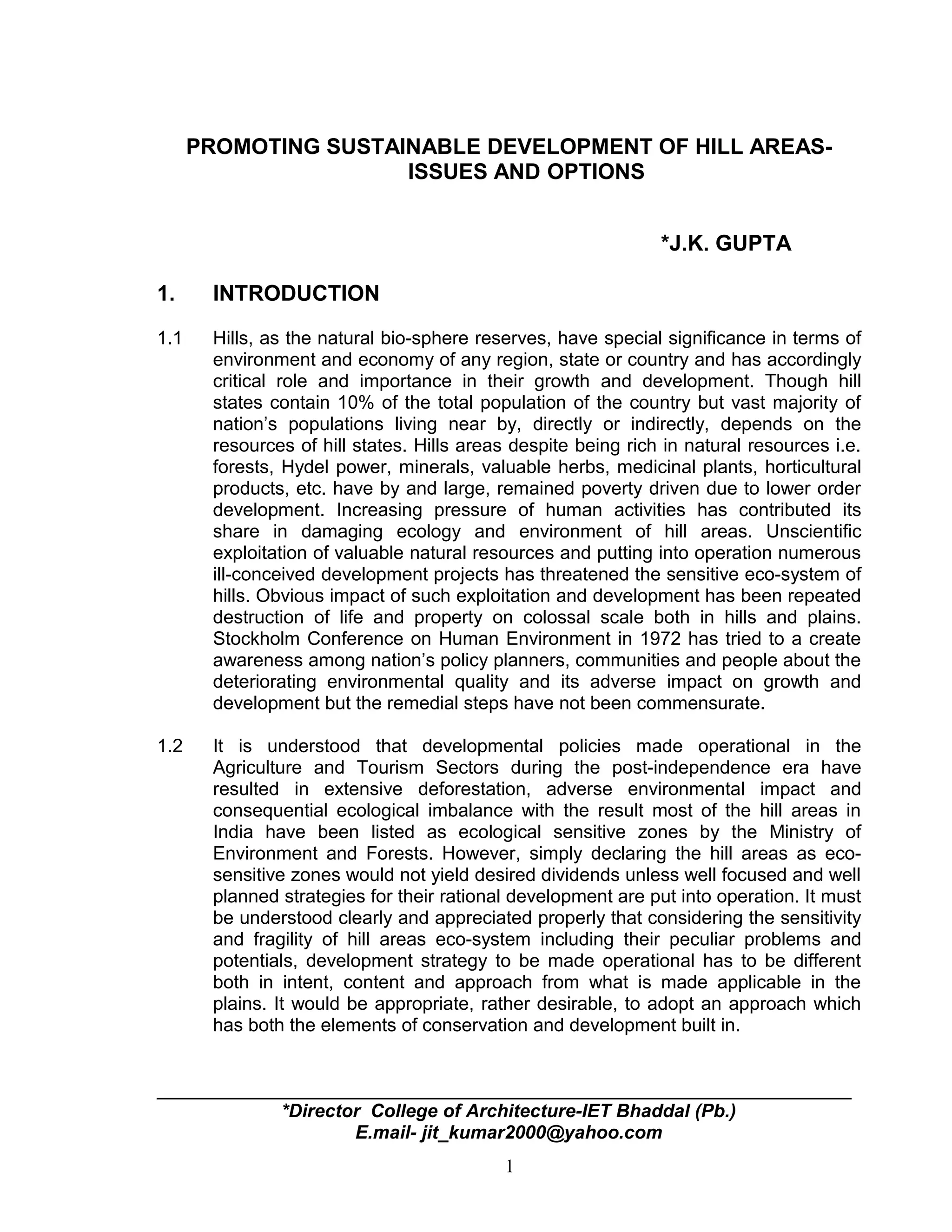 PROMOTING SUSTAINABLE DEVELOPMENT OF HILL AREAS-ISSUES AND OPTIONS | DOC