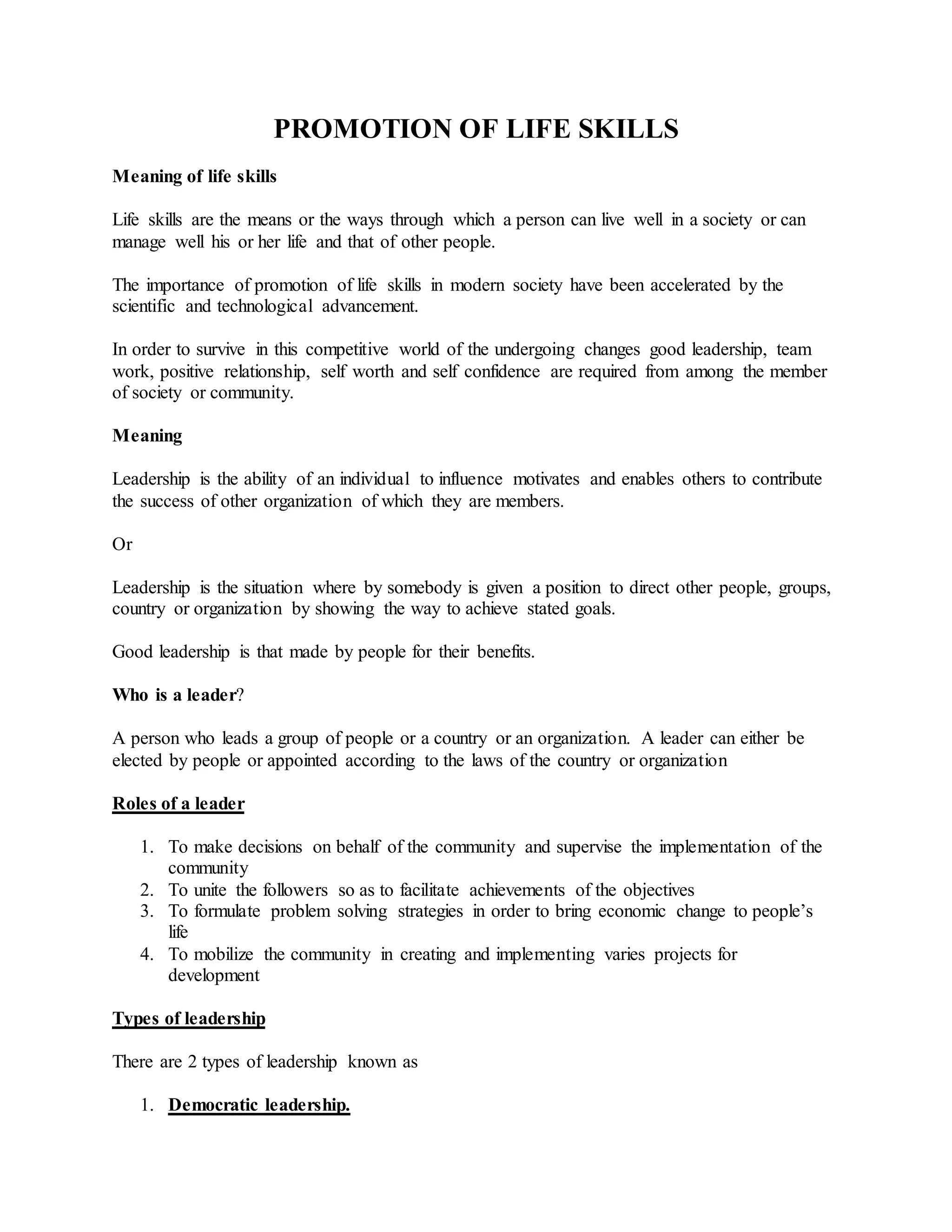 Promotion of life skills | DOCX