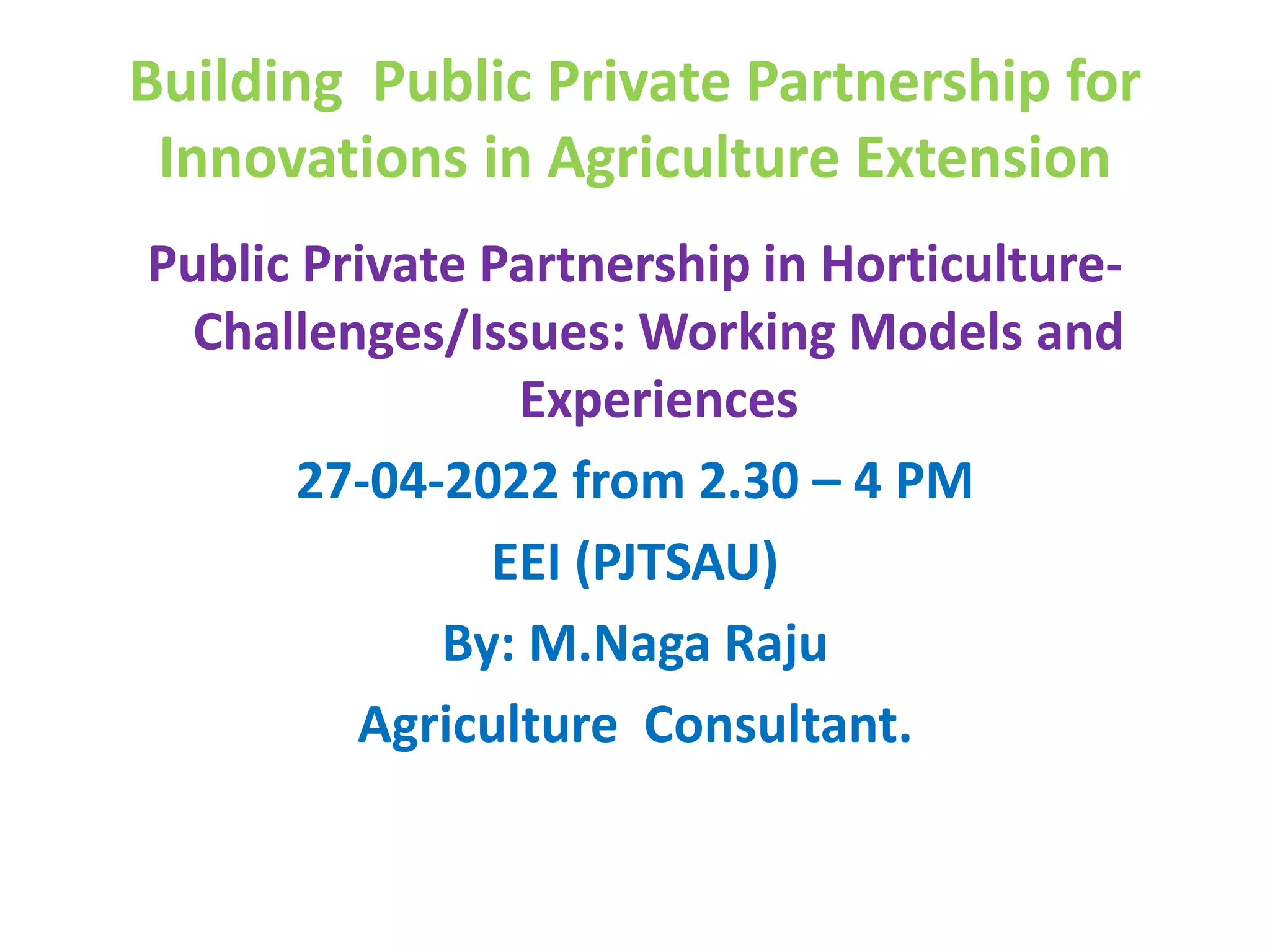 Promotion of Public Private Partnership in Agriculture and Allied ...