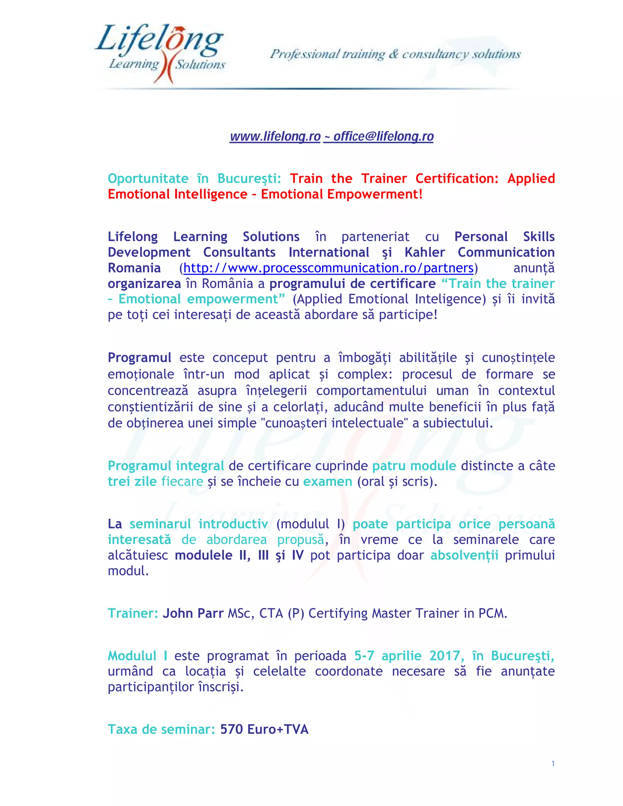 Train the Trainer Certification: Applied Emotional Intelligence – Emotional Empowerment | PDF