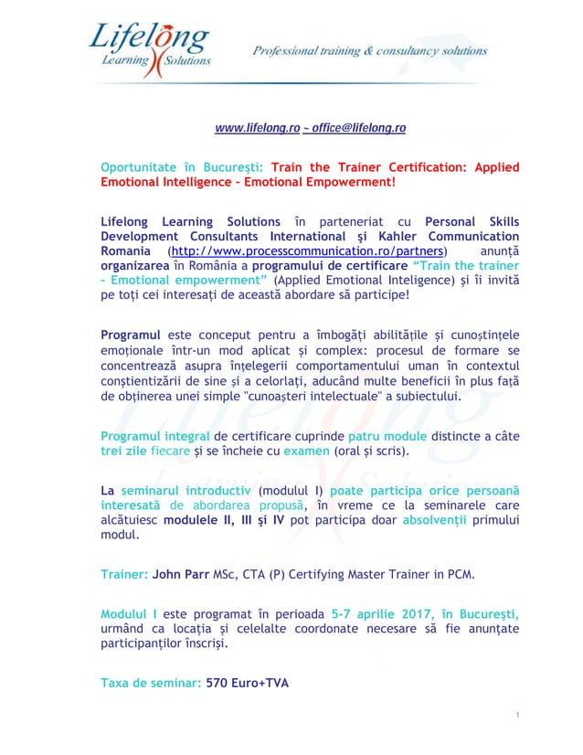 Train the Trainer Certification: Applied Emotional Intelligence – Emotional Empowerment | PDF