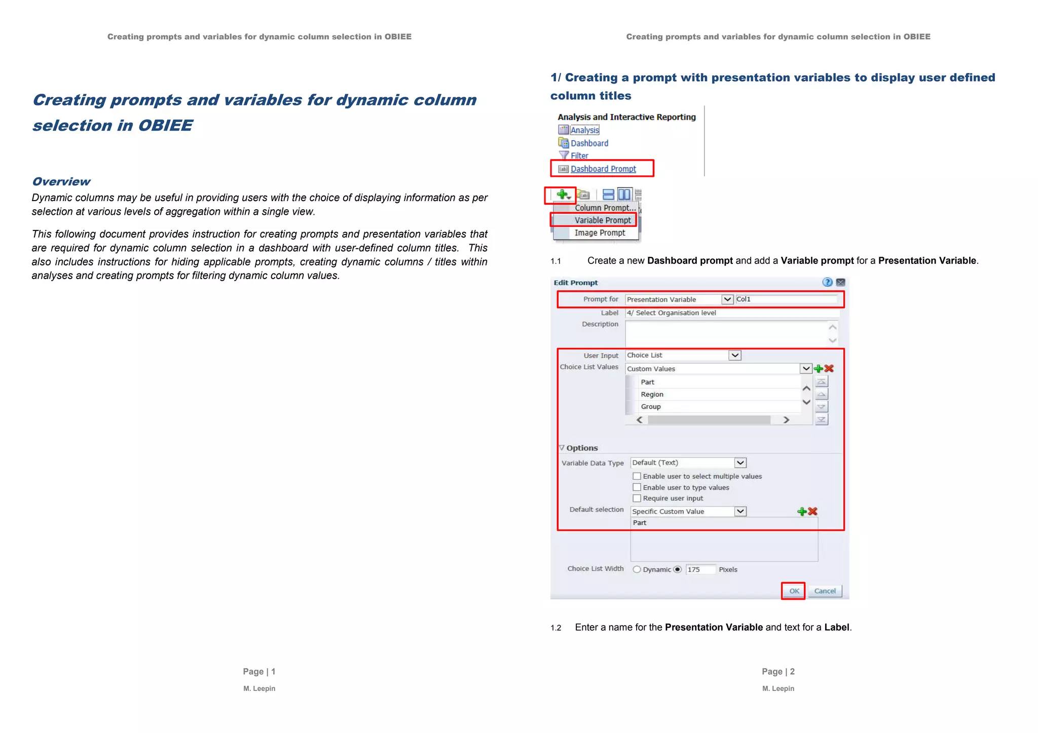 OBIEE 11G Prompting, Dynamic Column Selection and Variables | PPT