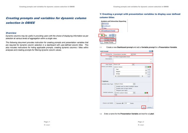 OBIEE 11G Prompting, Dynamic Column Selection and Variables | PPT
