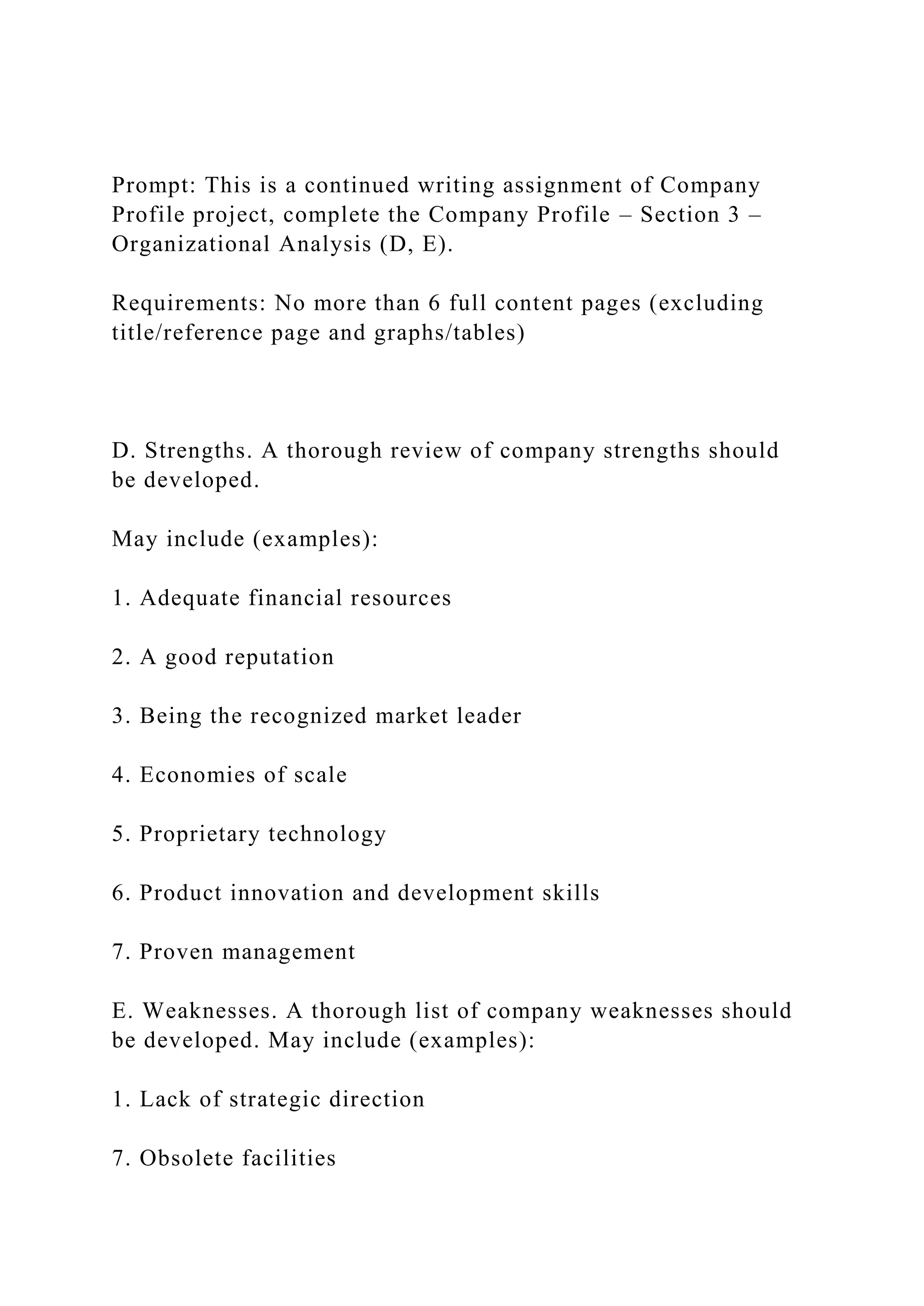 Prompt This is a continued writing assignment of Company Profile .docx