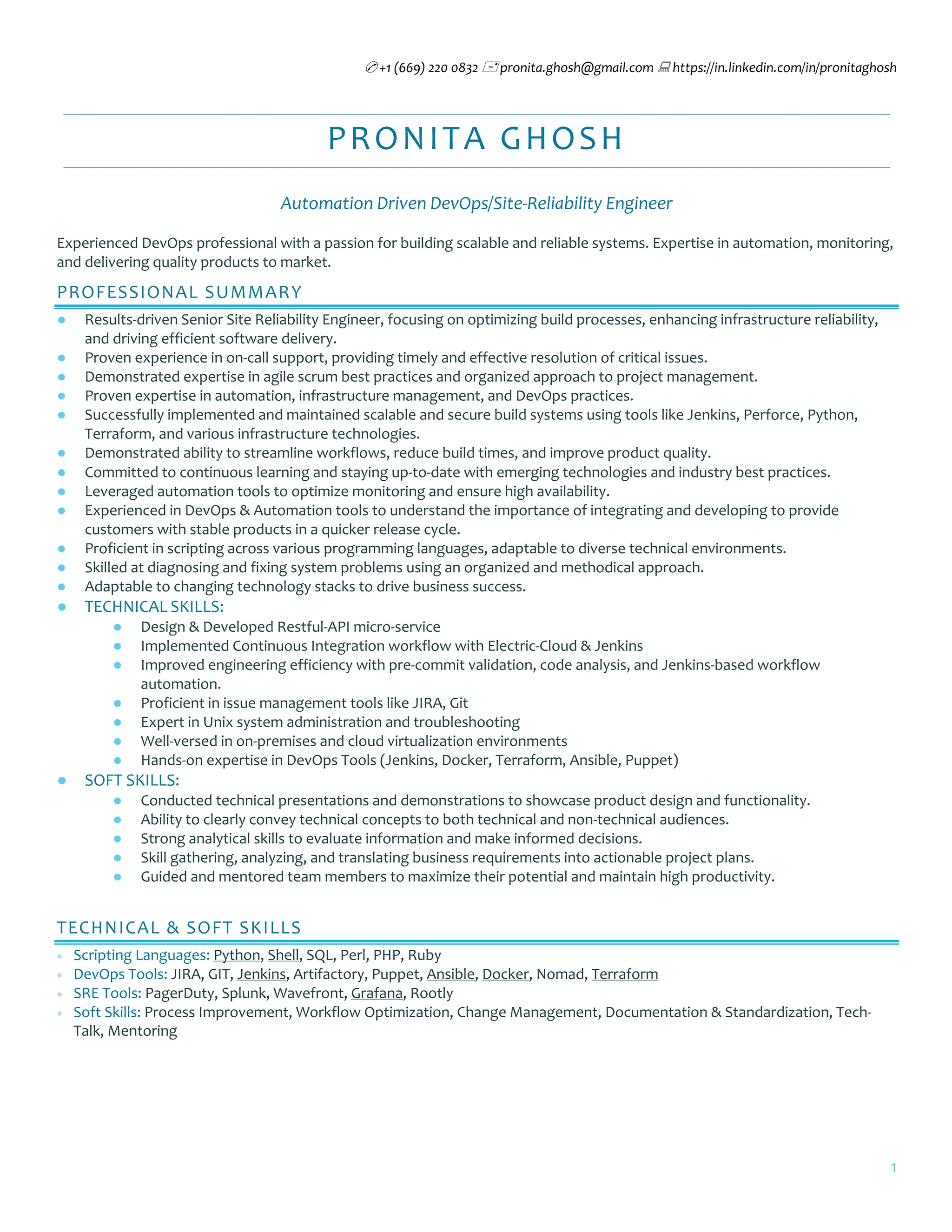 Pronita Ghosh Resume 2024 for SRE Roles. | PDF | Free Download