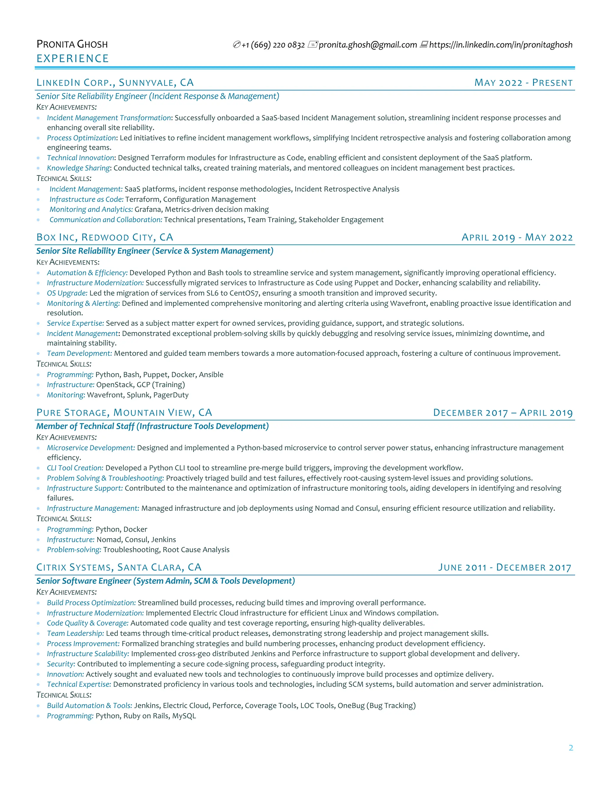 Pronita Ghosh Resume 2024 for SRE Roles. | PDF