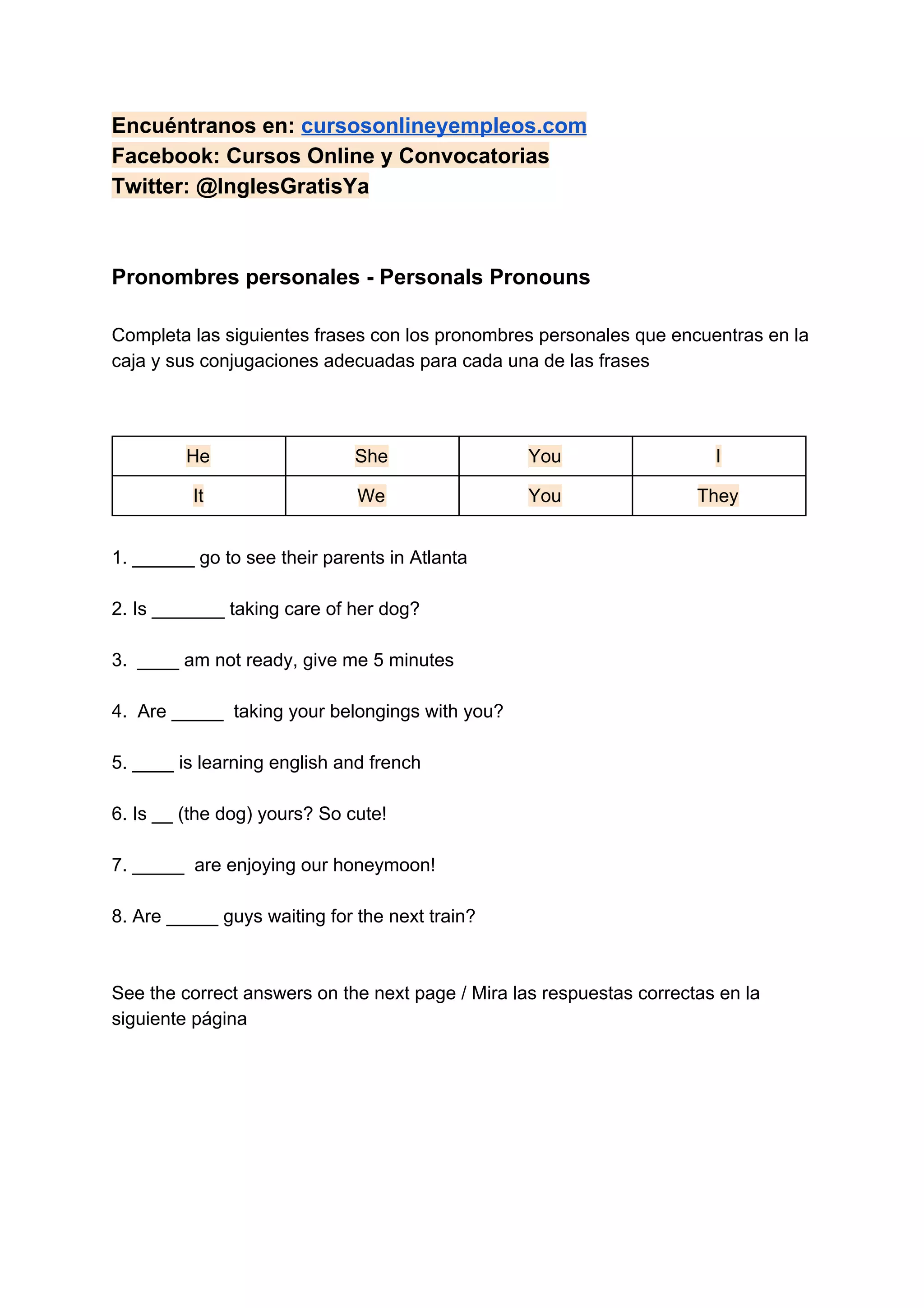 Pronombres personales o personal pronouns | PDF