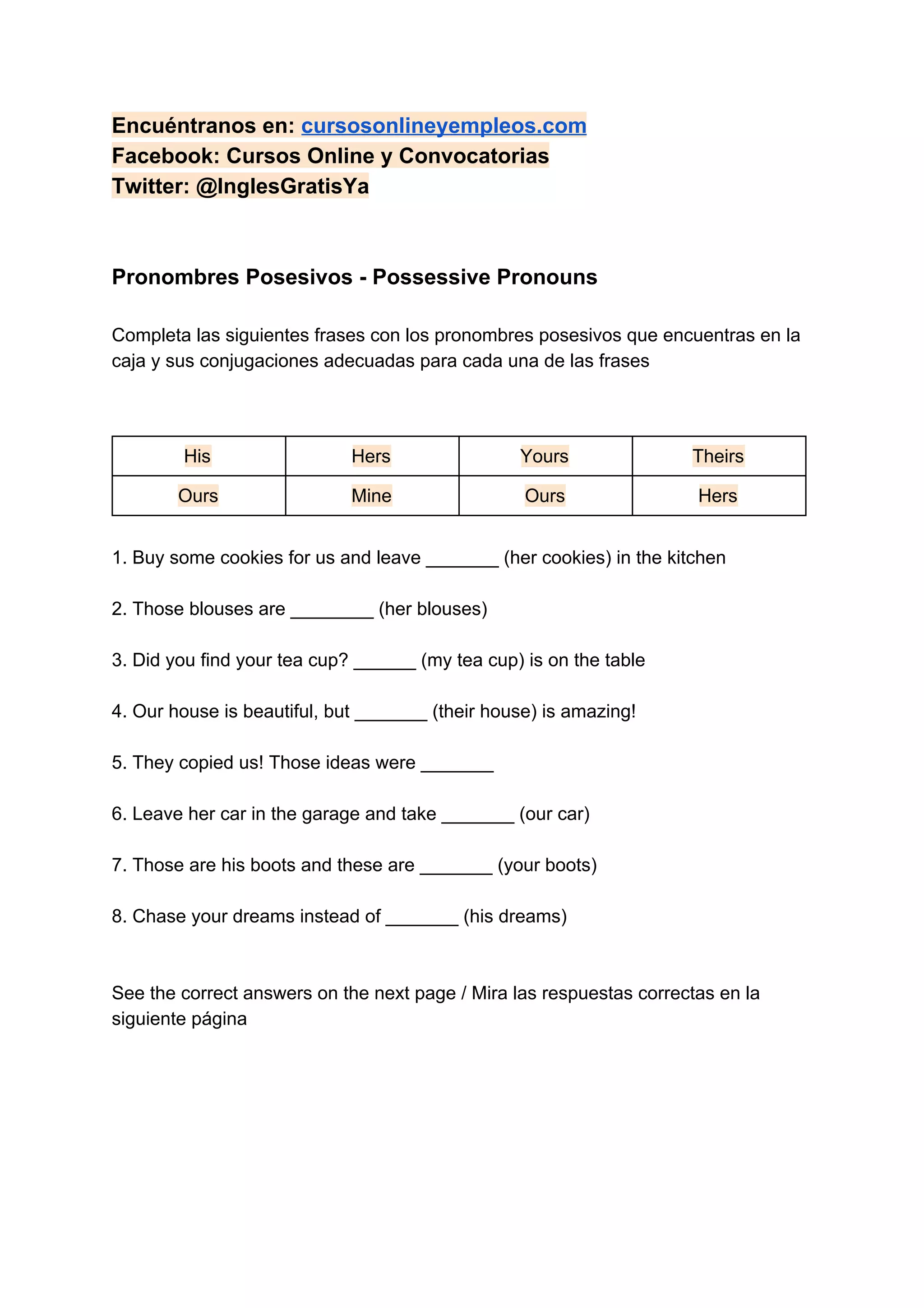 Ejercicios De Pronombres Posesivos Adjetivos Posesivos Possessive