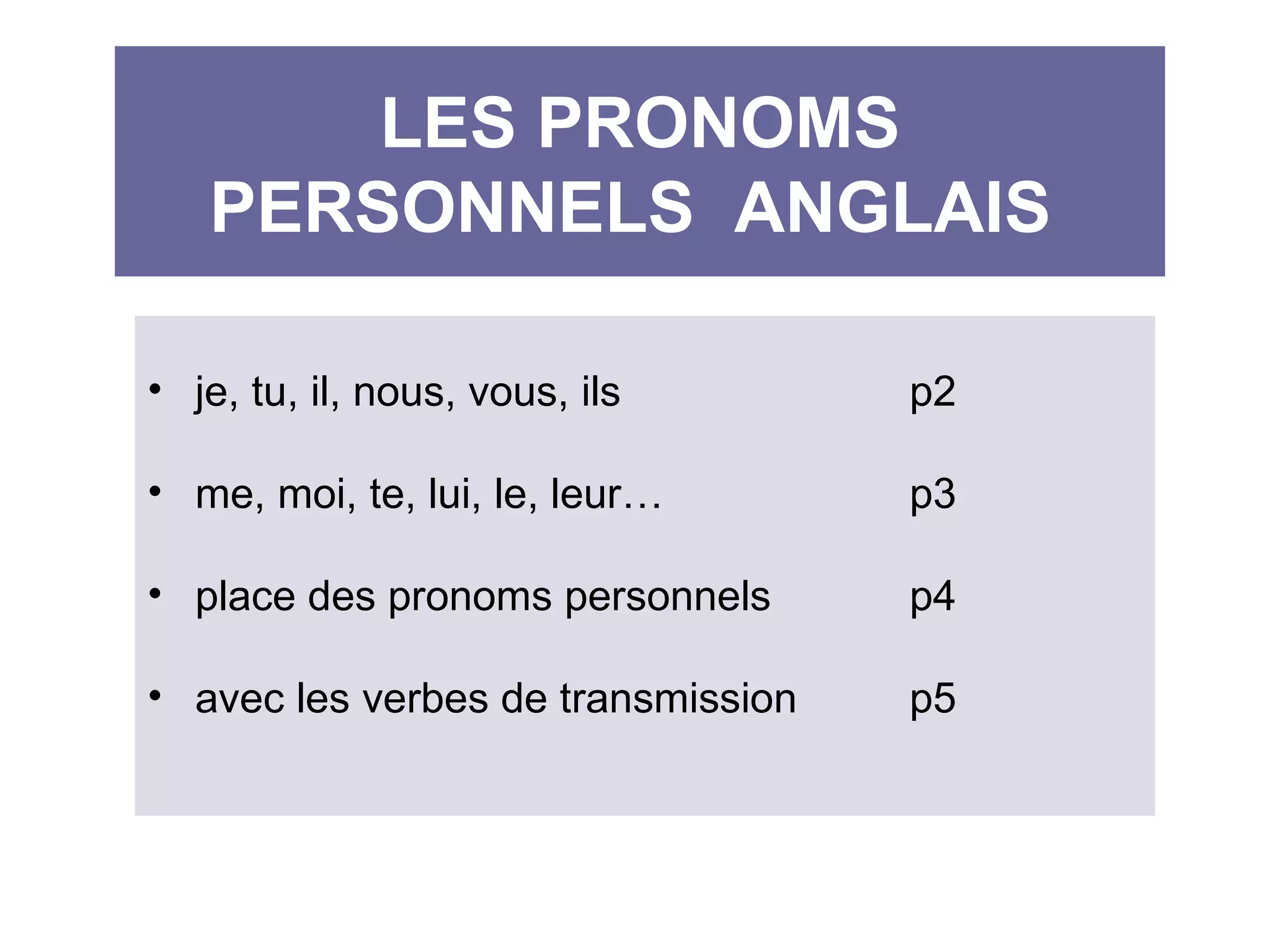 Grammaire anglaise : pronoms personnels - I, YOU, HE,... | PPT