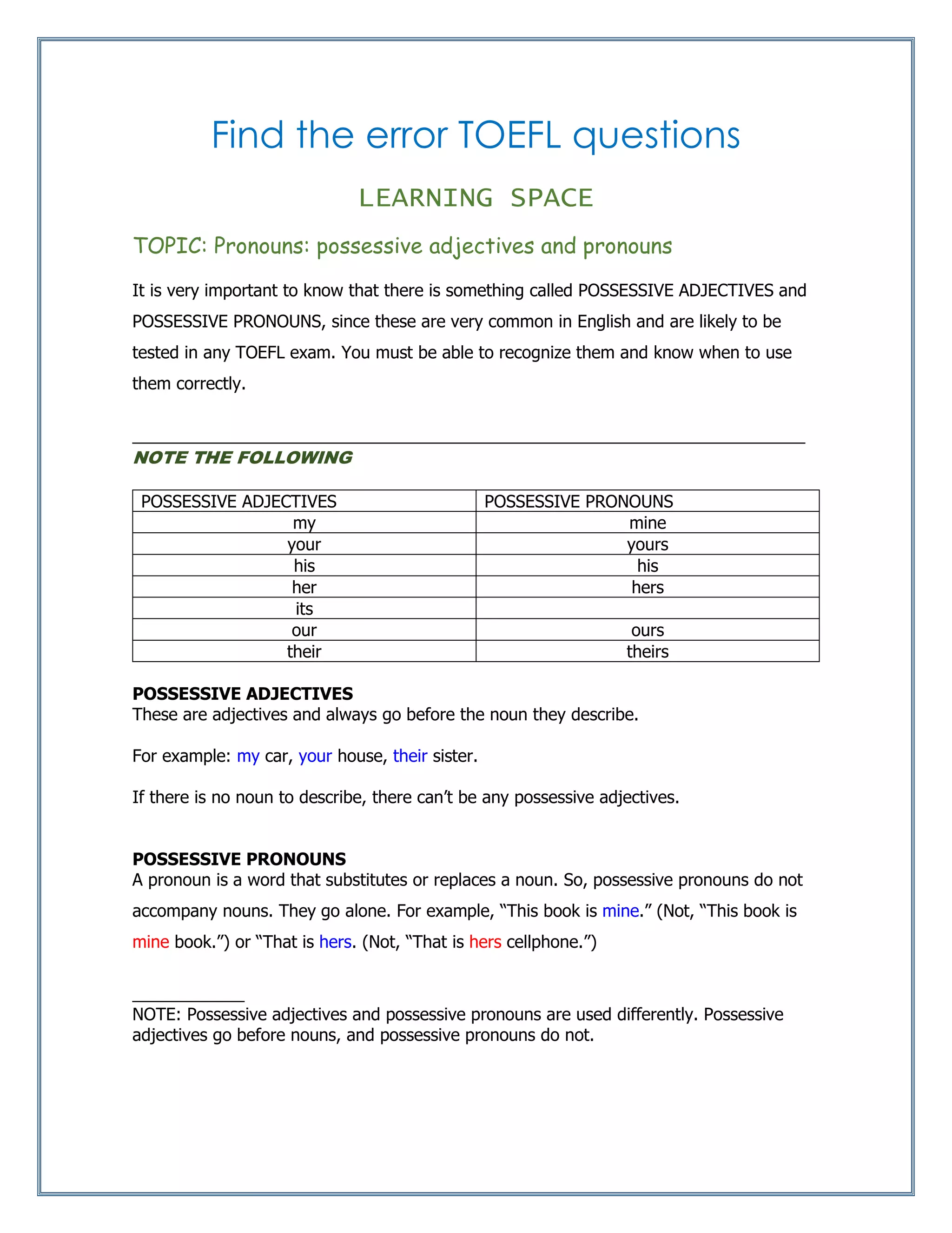 Pronouns possessive pronouns and adjectives | PDF