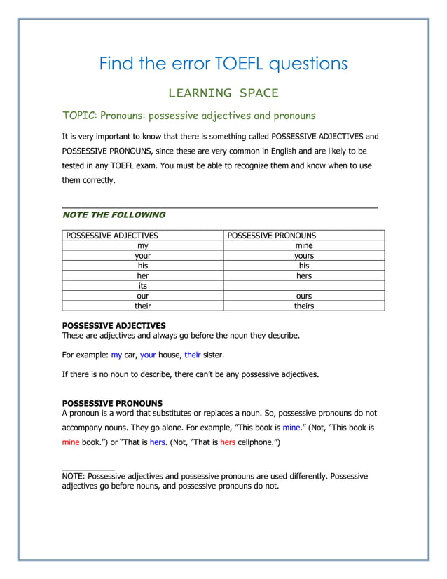 Pronouns possessive pronouns and adjectives | PDF