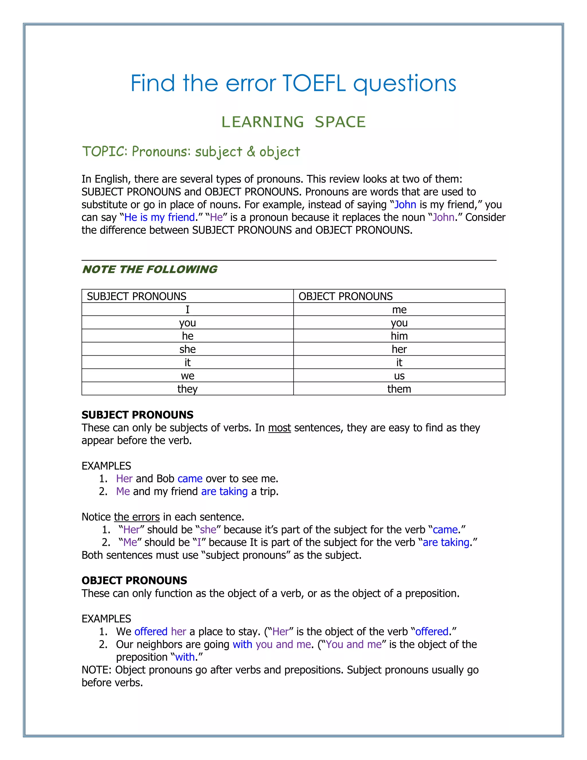 Pronouns subject - object | PDF
