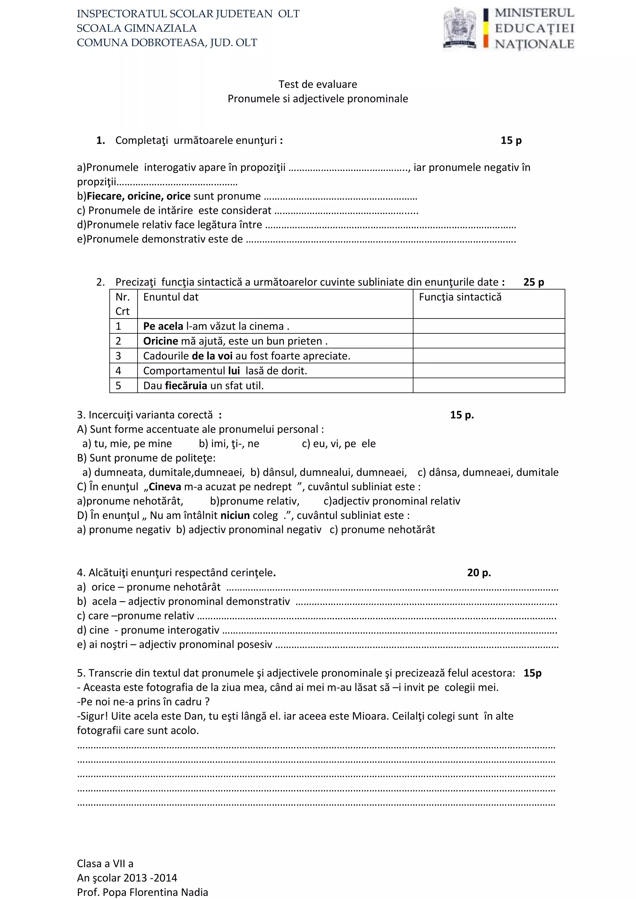 Pronume7 test romana | DOC