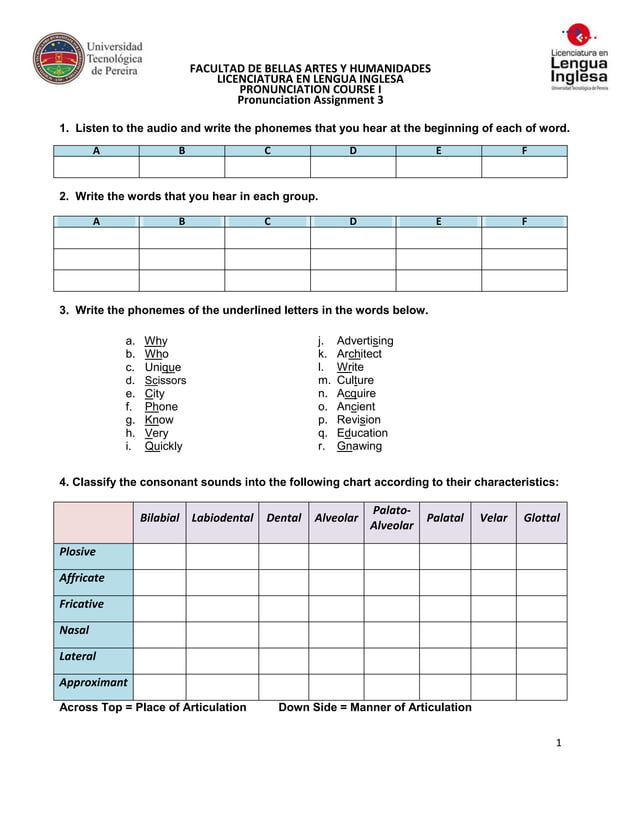 Pronunciation assignment 3 (consonant sounds) | PDF
