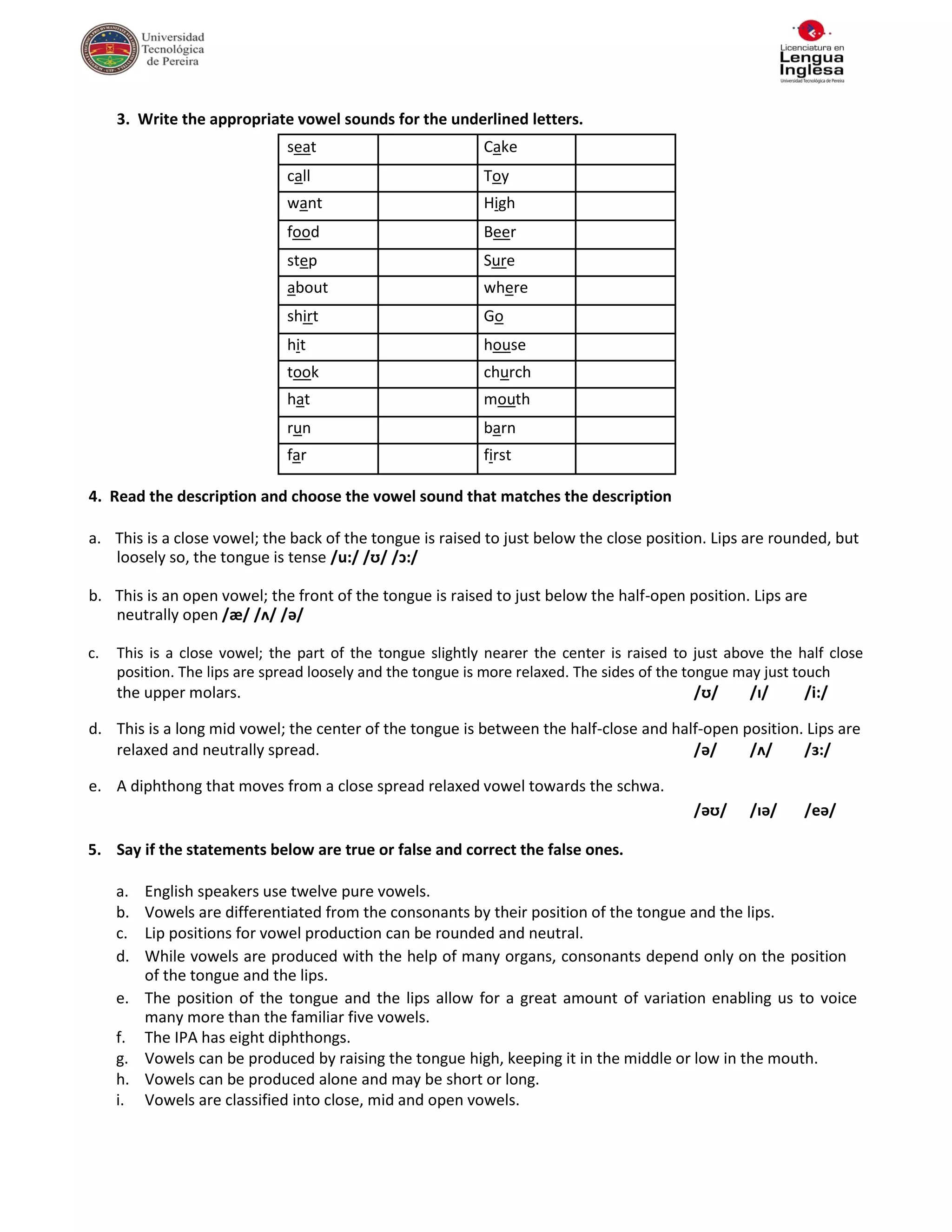 Pronunciation assignment 8 (vowel sounds) | PDF