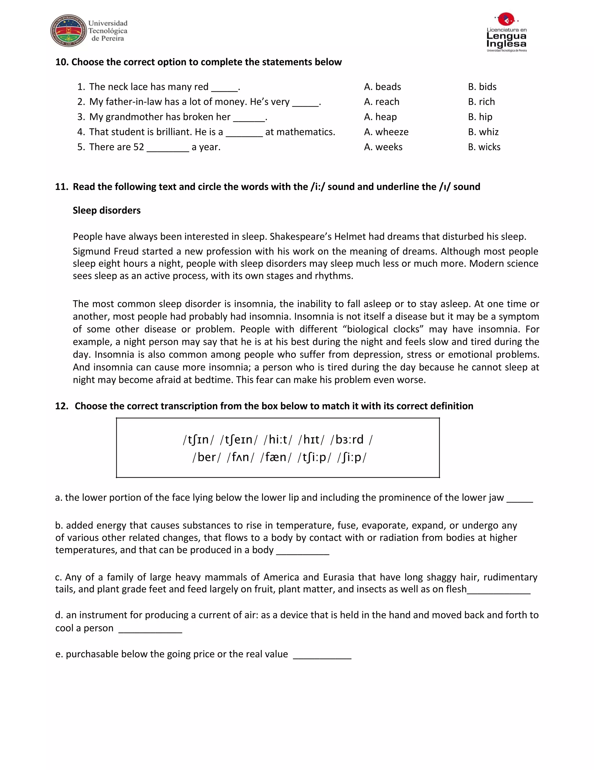Pronunciation assignment 8 (vowel sounds) | PDF