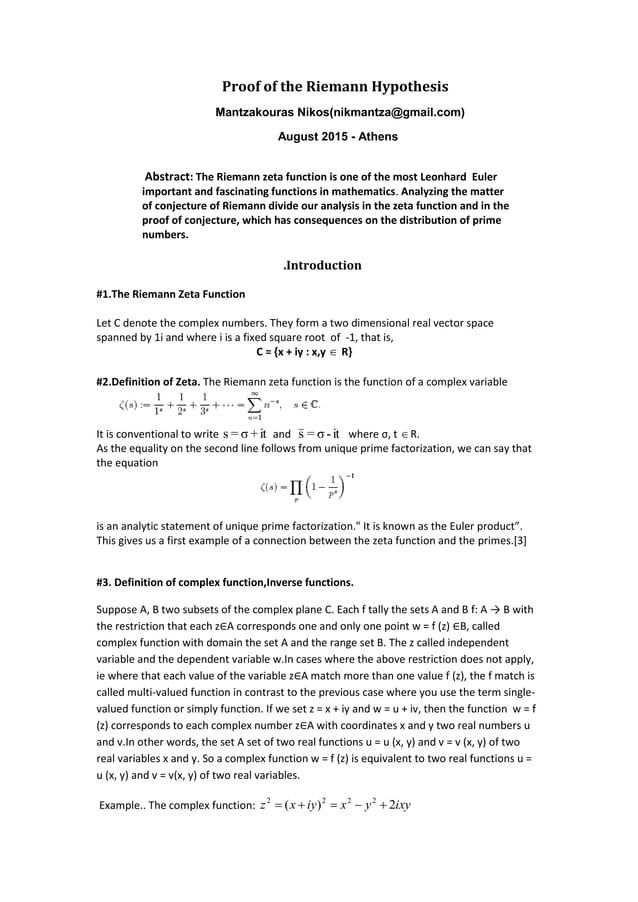 A Proof of the Riemann Hypothesis | PDF