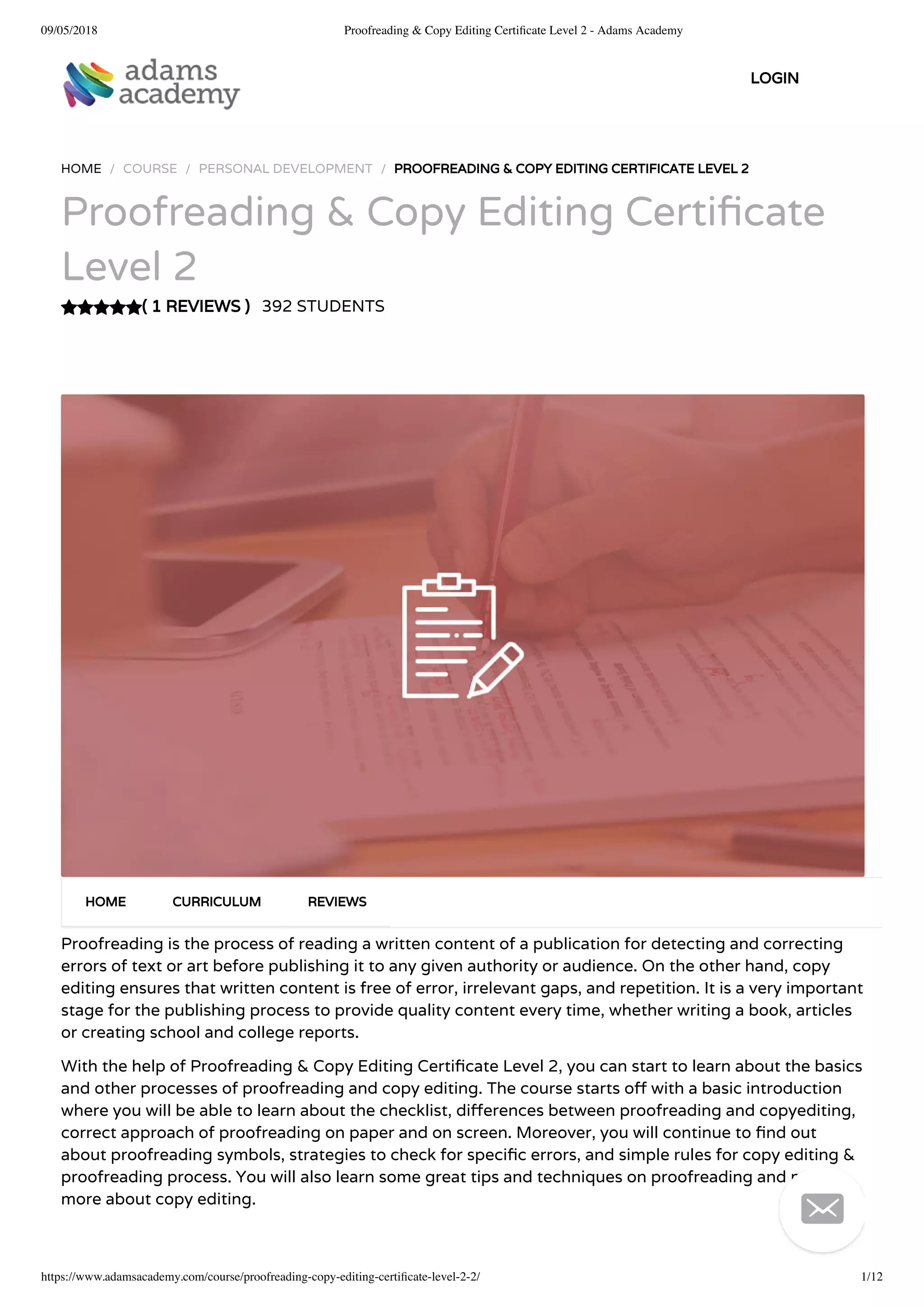 Proofreading & copy editing certificate level 2 - Adams Academy | PDF