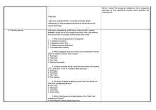 PROPAGANDA techniques grade 8 lesson plan English | DOCX