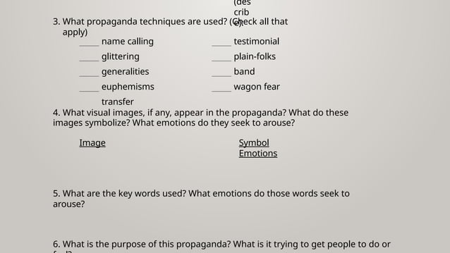 Propaganda Analysis Worksheet for senior high school | PPTX