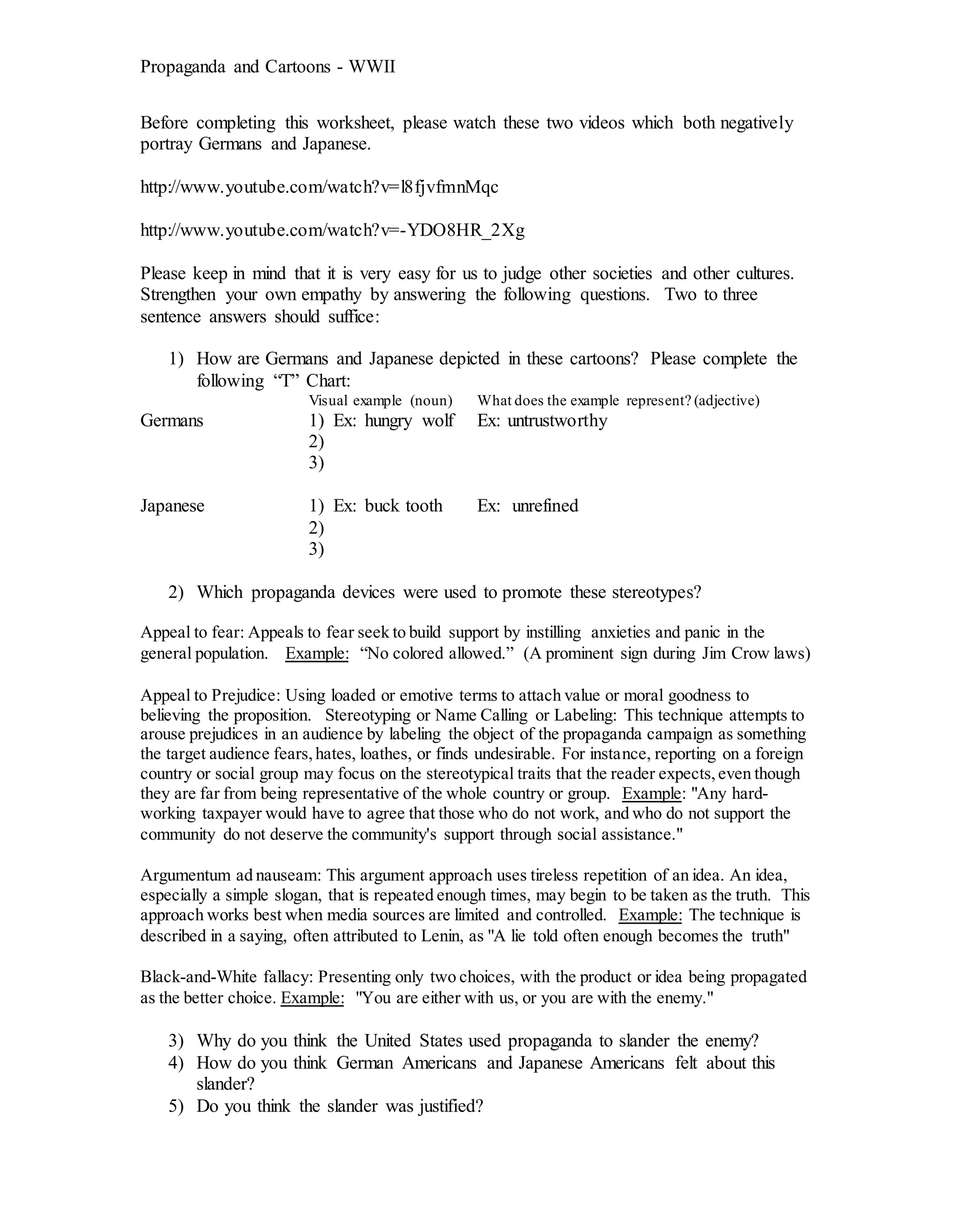 Propaganda and cartoons wwii worksheet | PDF