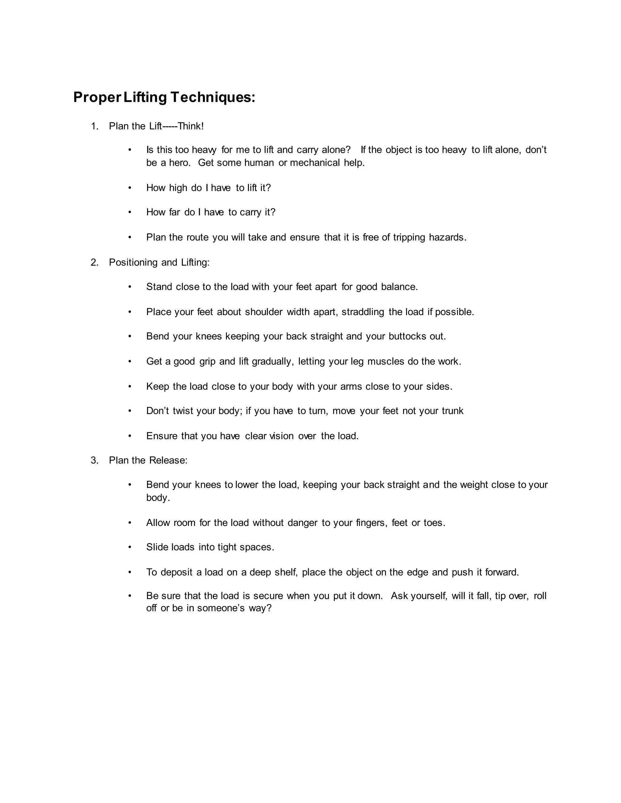 Proper lifting techniques | DOCX
