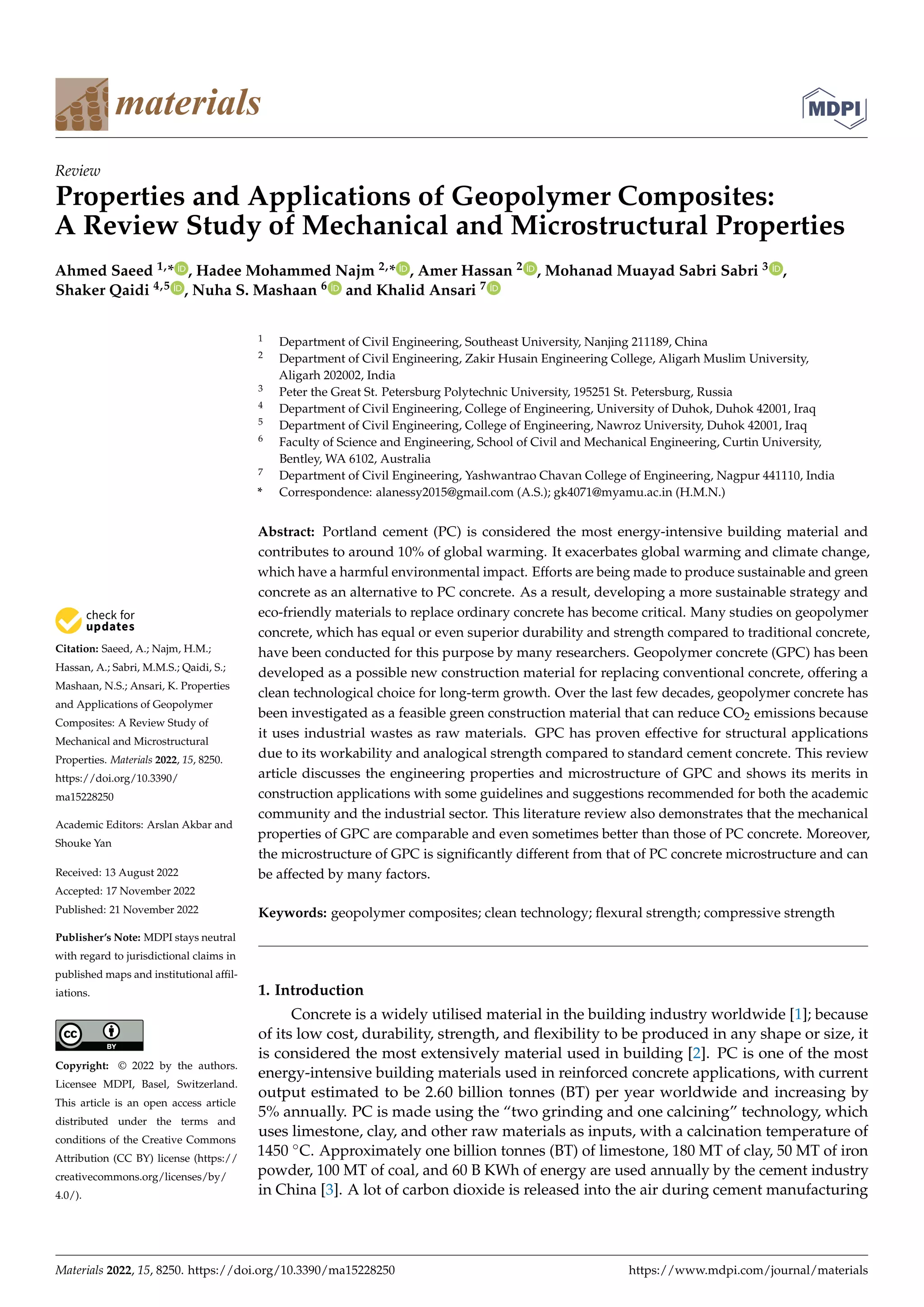 Properties and Applications of Geopolymer Composites A Review Study of ...