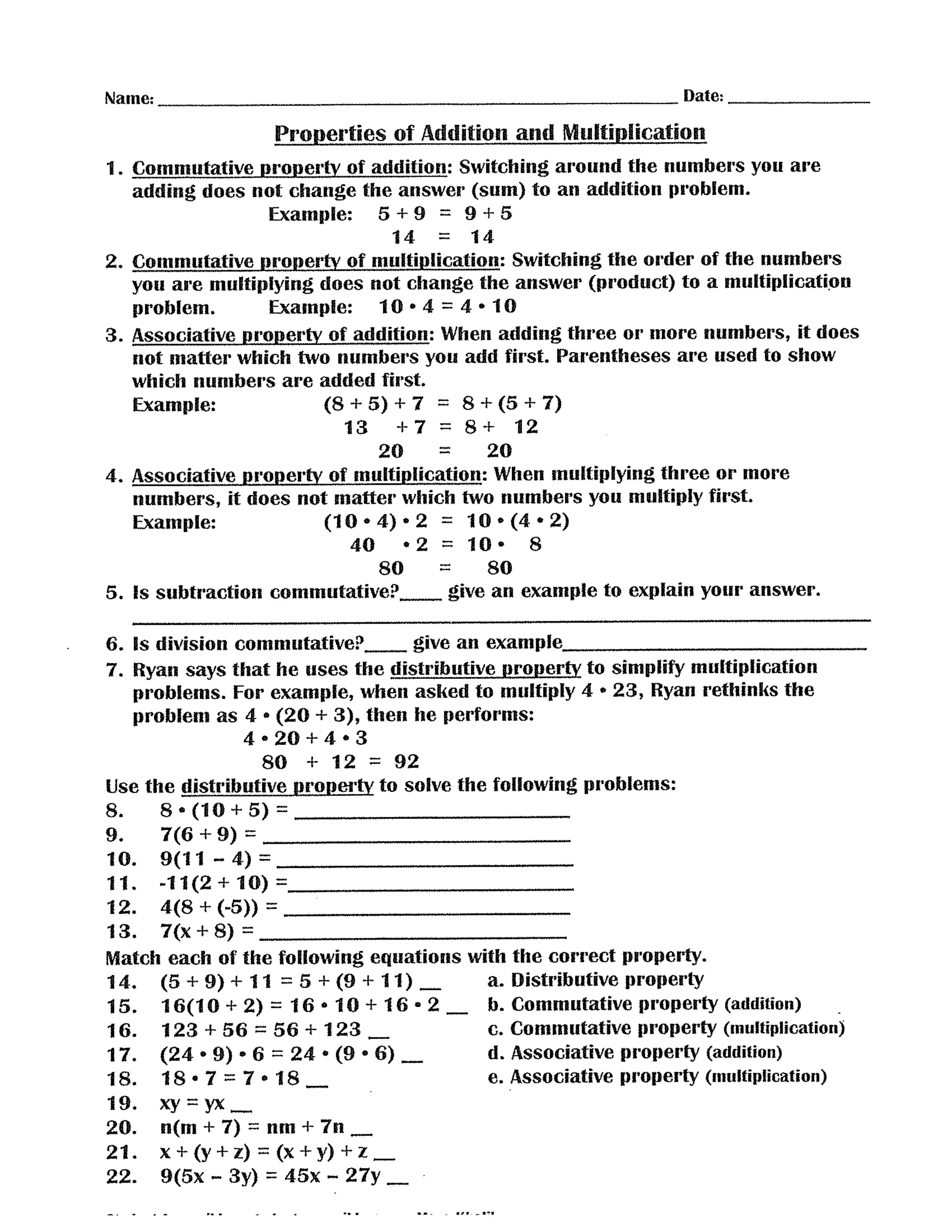 Properties of addition and multiplication | PDF