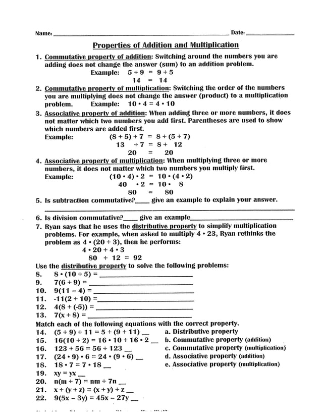 Properties of addition and multiplication | PDF