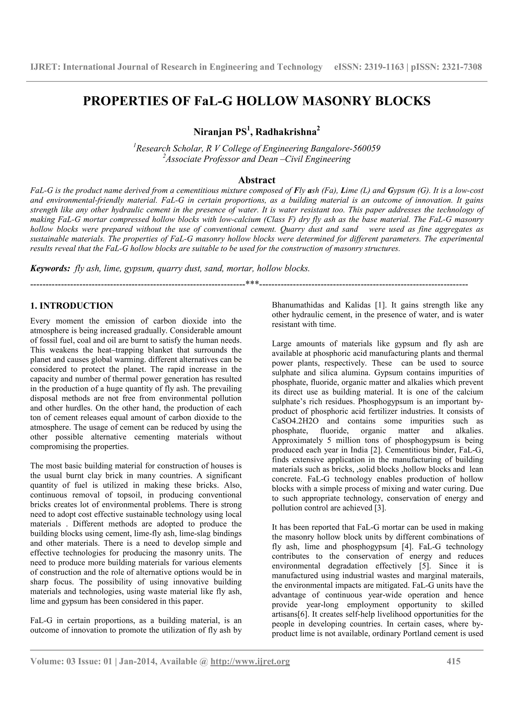 Properties of fa l g hollow masonry blocks | PDF