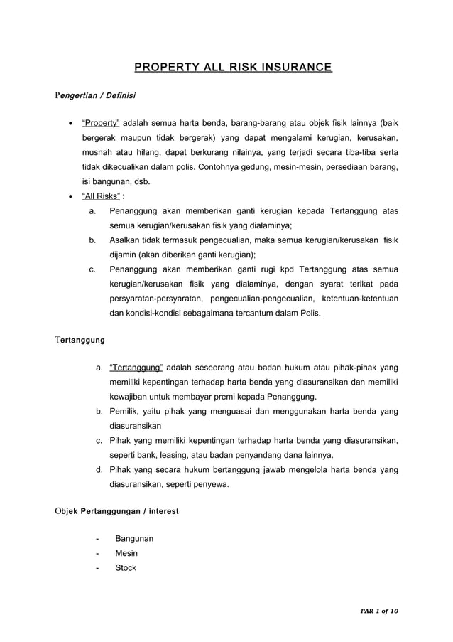 Property all risk insurance.. | DOC