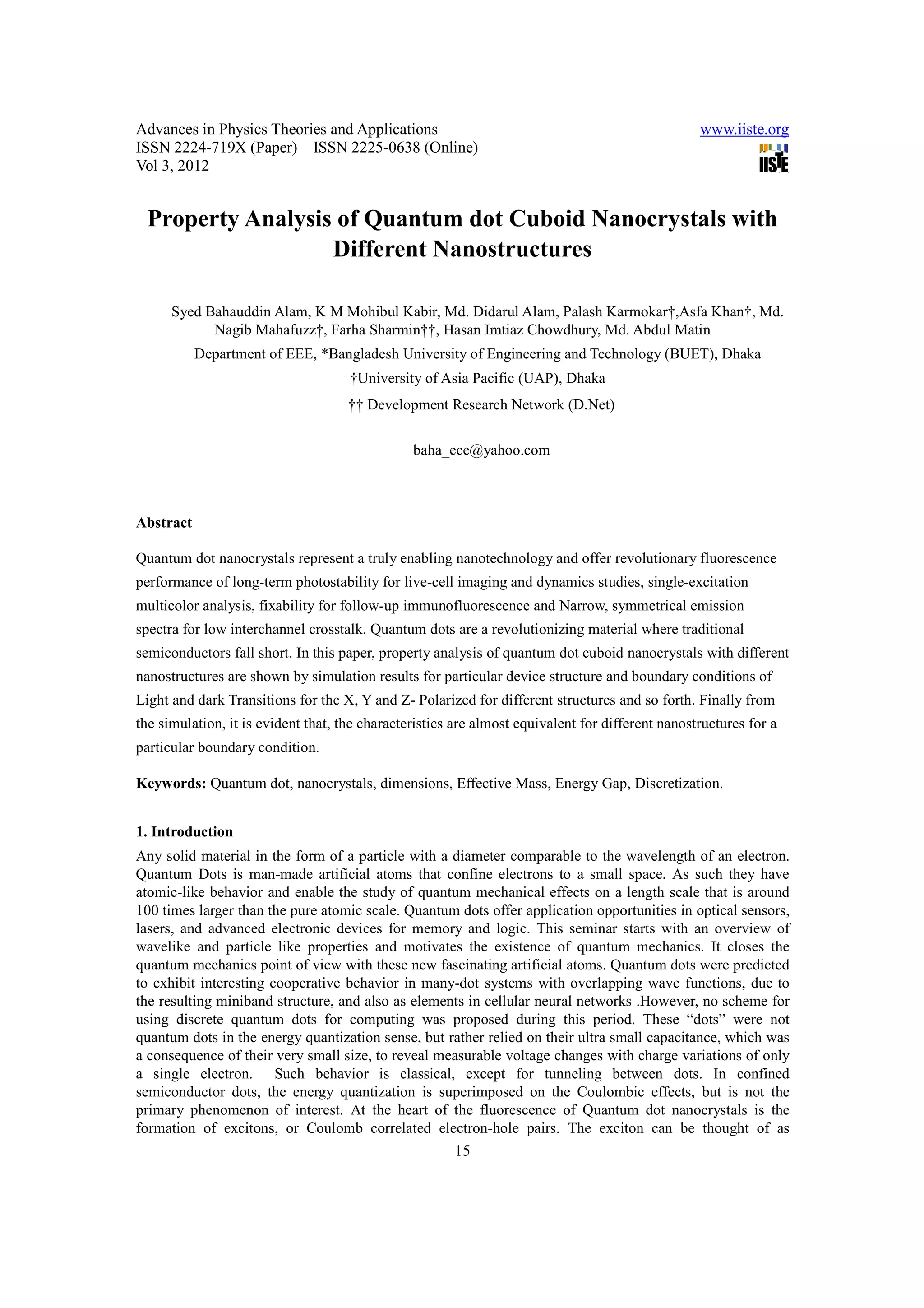 Property analysis of quantum dot cuboid nanocrystals with different nanostructures | PDF