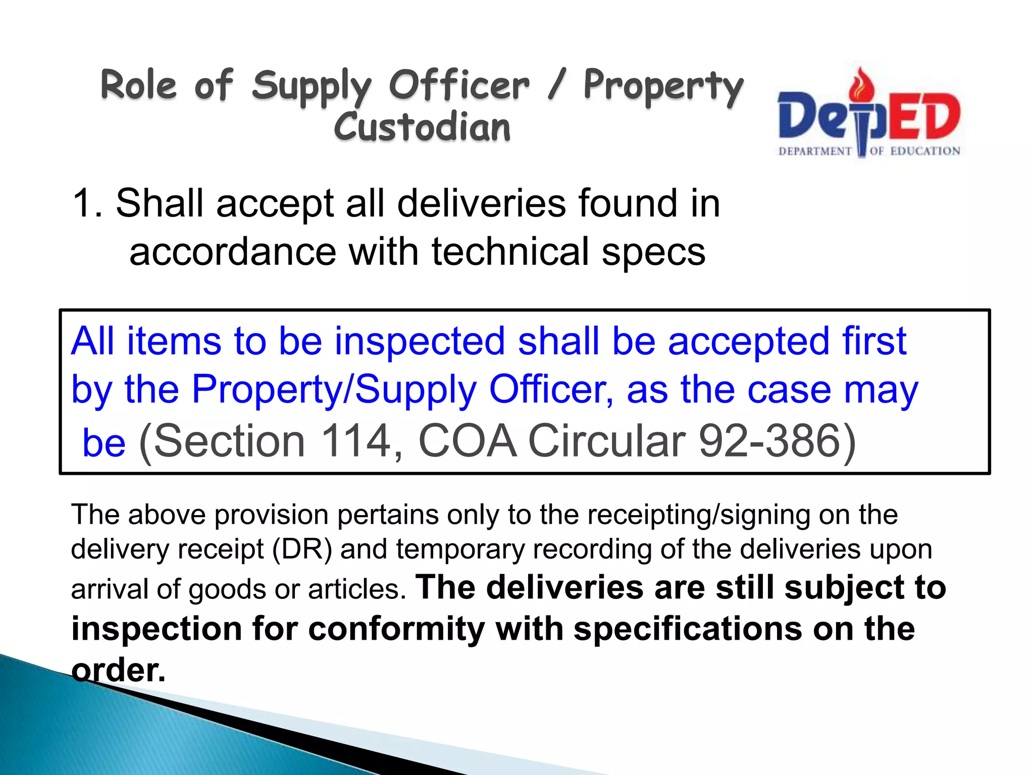 Procedures on Acceptance, Inspection and Recording of Deliveries | PPTX