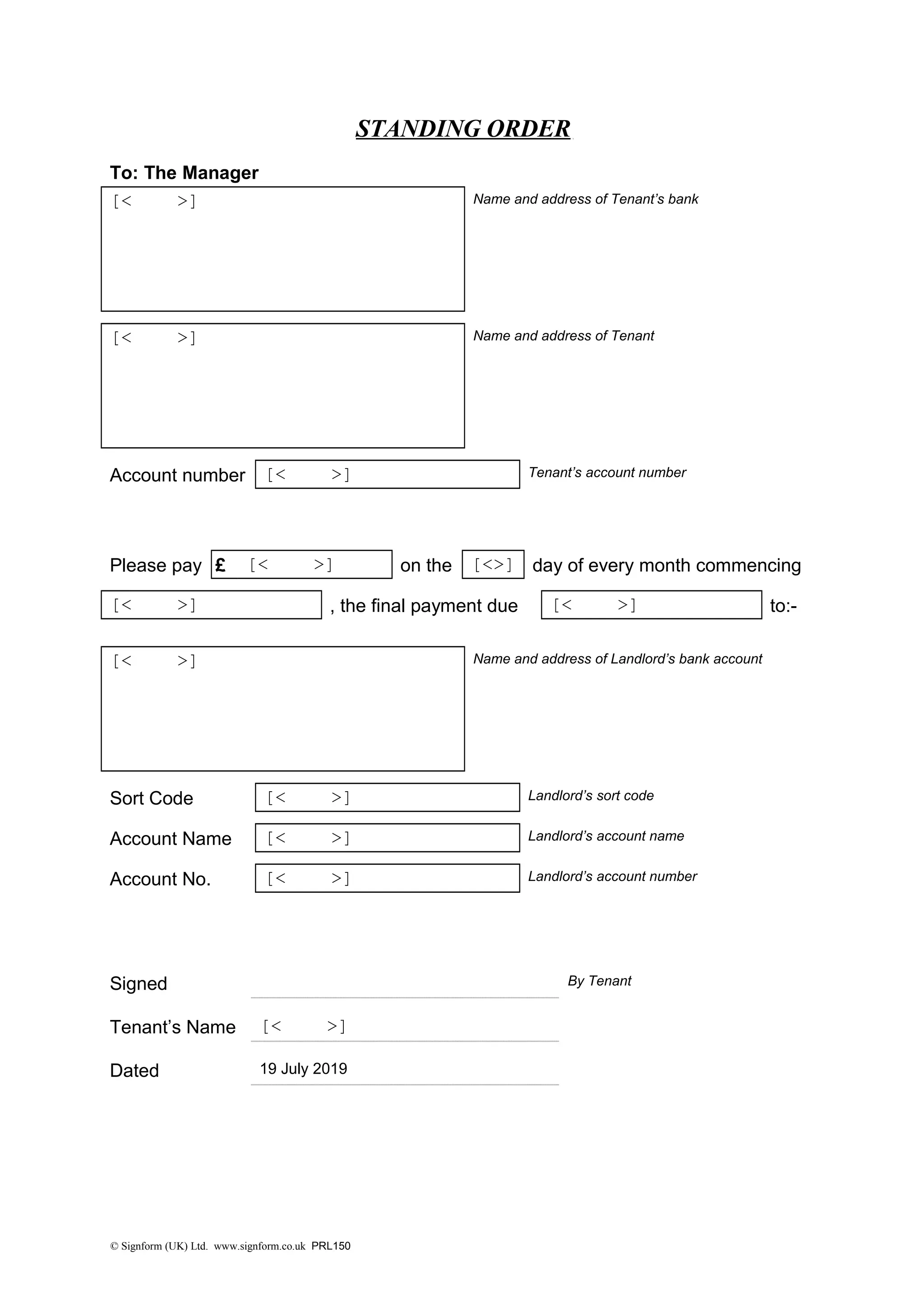 Property letting form to set up tenants standing order | DOC