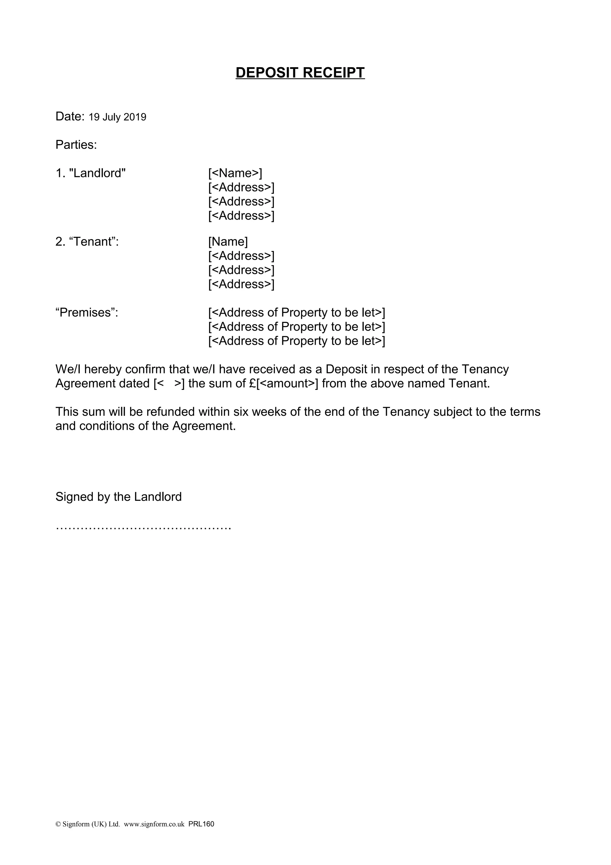 Property letting receipt for tenants deposit | DOC