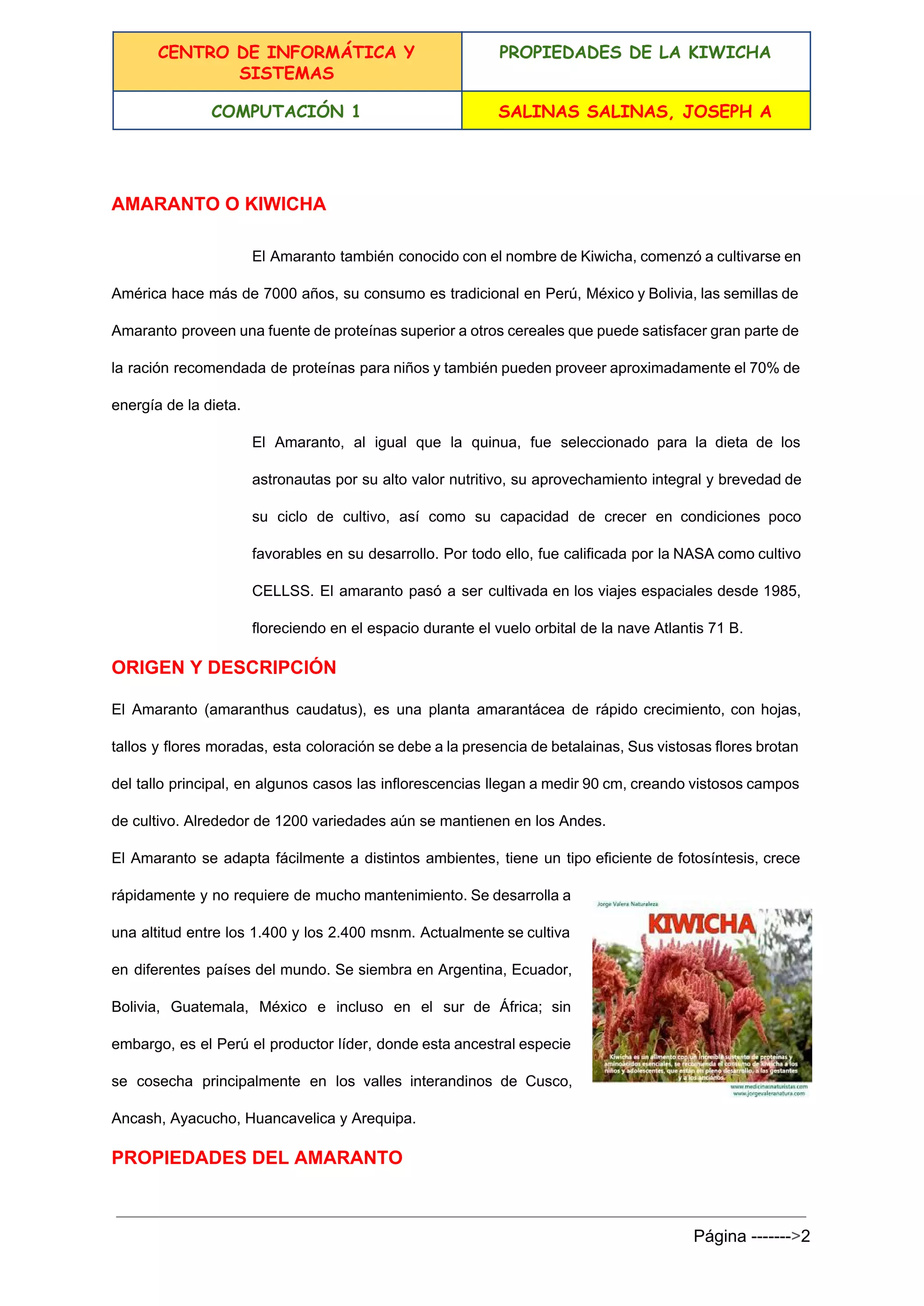 Propiedades de la Kiwicha | PDF