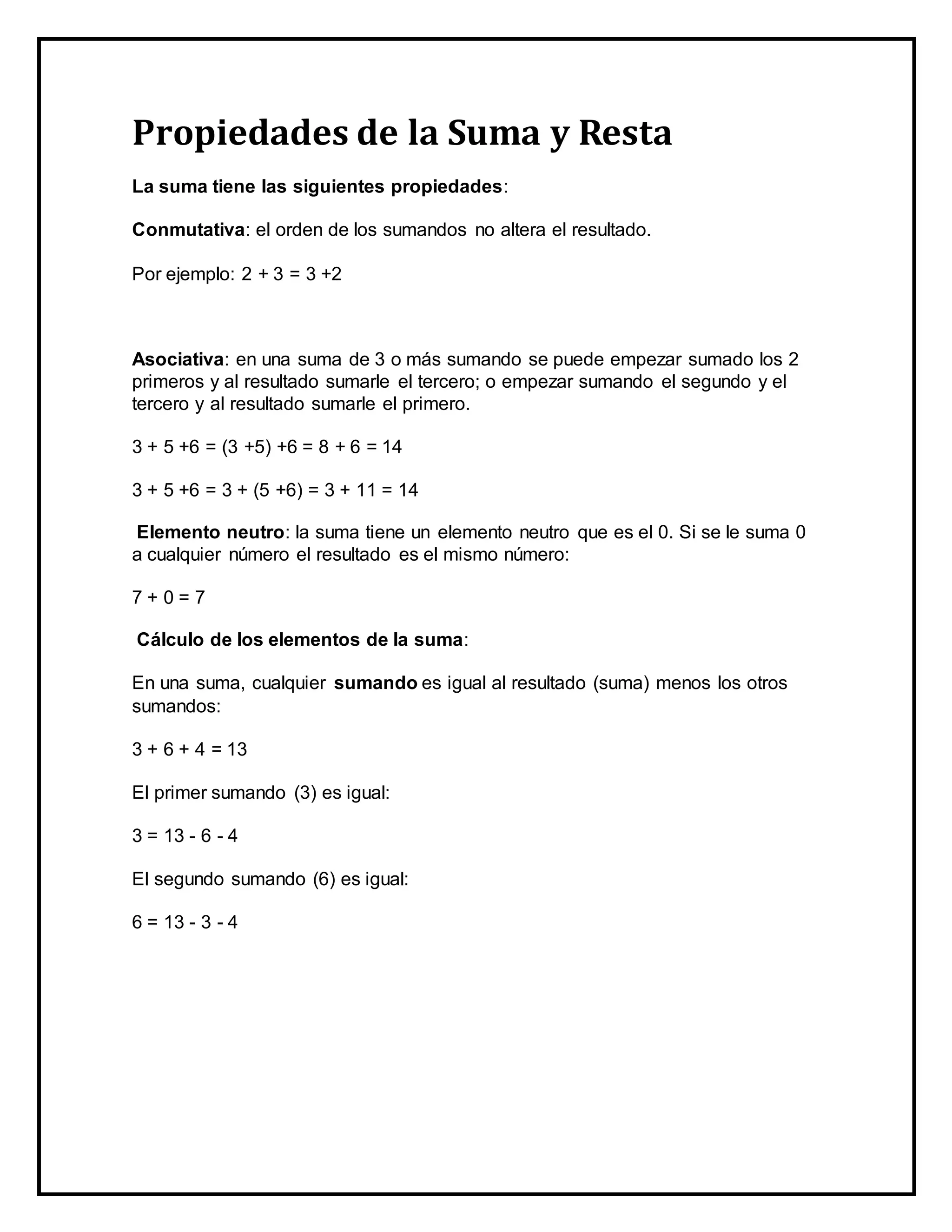 Propiedades de la suma y resta | PDF