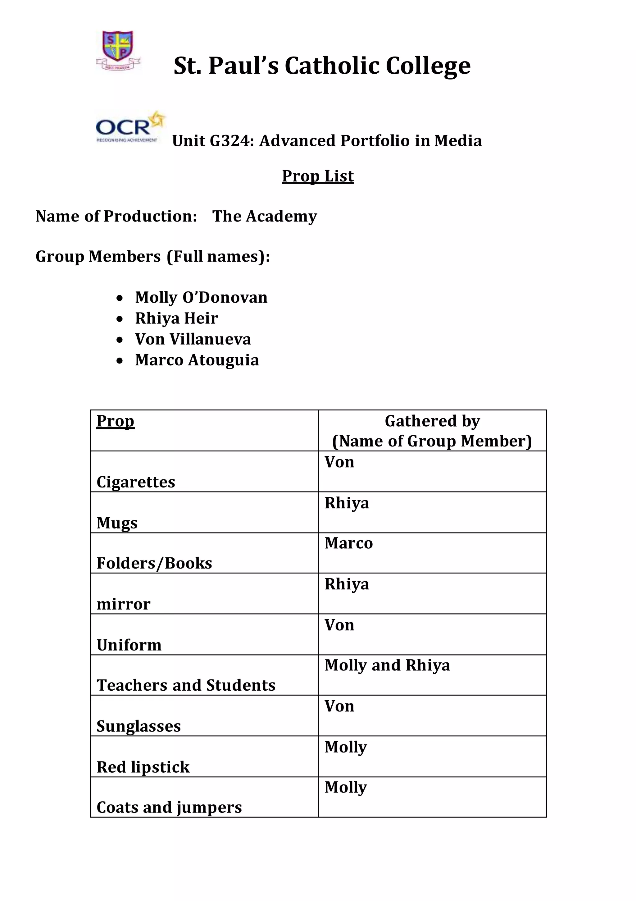 Prop list -_template_1 | PDF