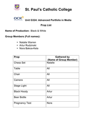 Prop List | PDF | Arts and Crafts | Hobbies & Interests